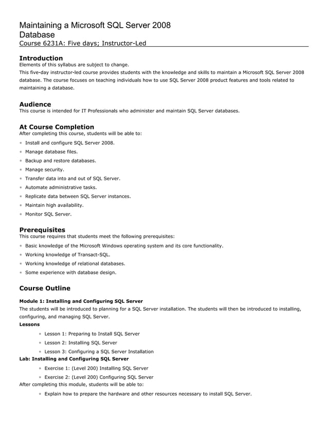 6231 Maintaining A Microsoft Sql Server 2008 Database Pdf