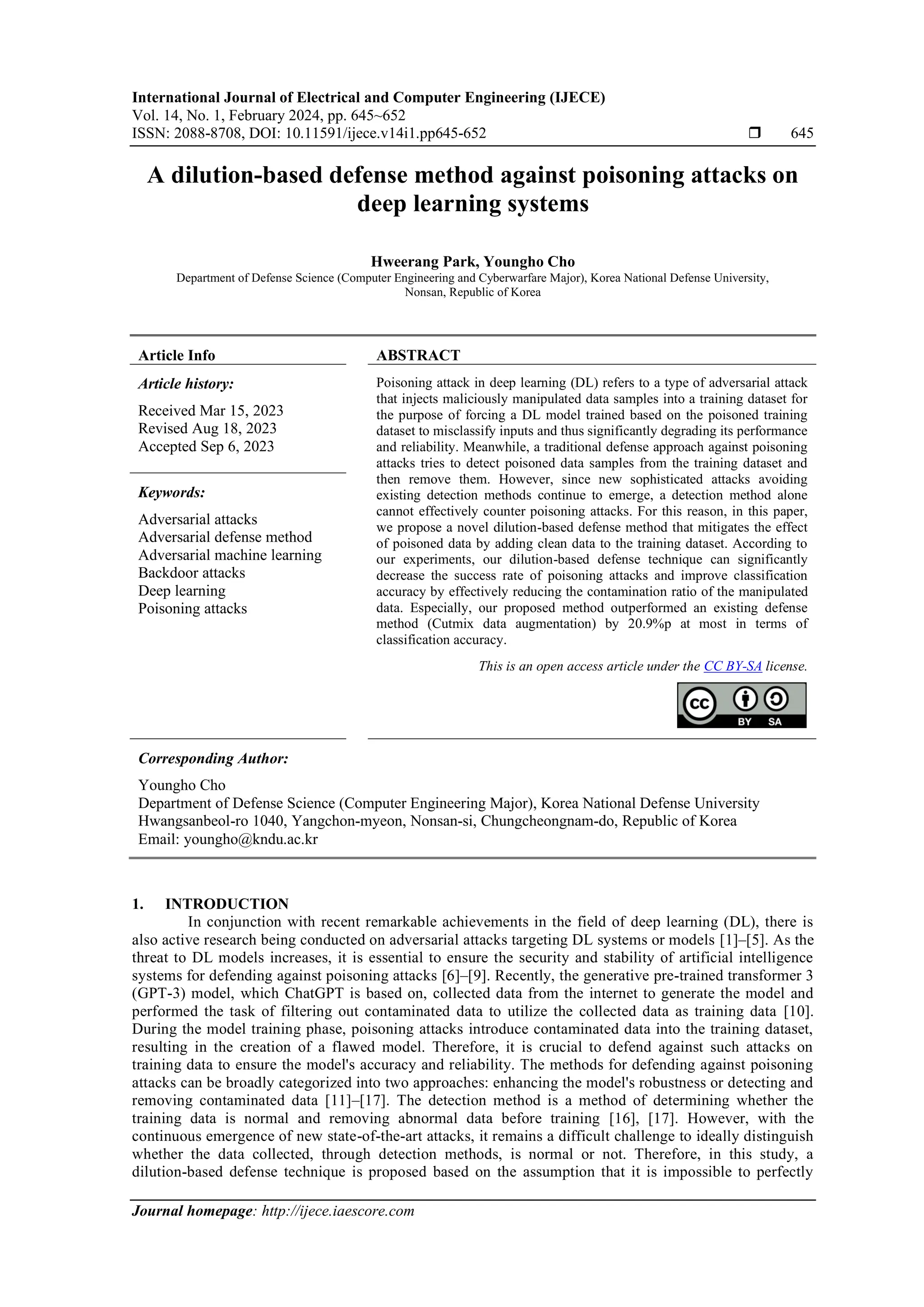 A dilution-based defense method against poisoning attacks on deep ...