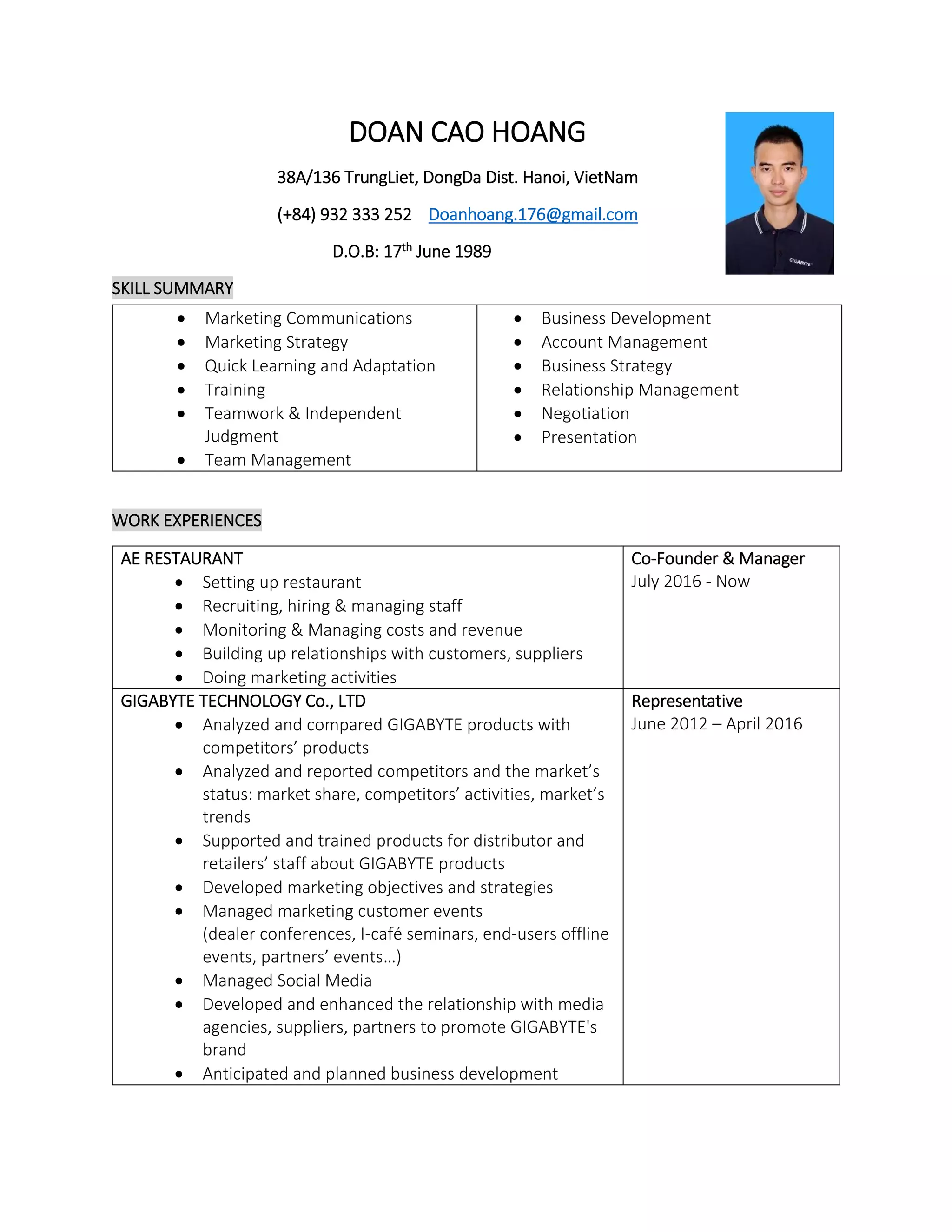DOAN CAO HOANG Resume 2016 | PDF