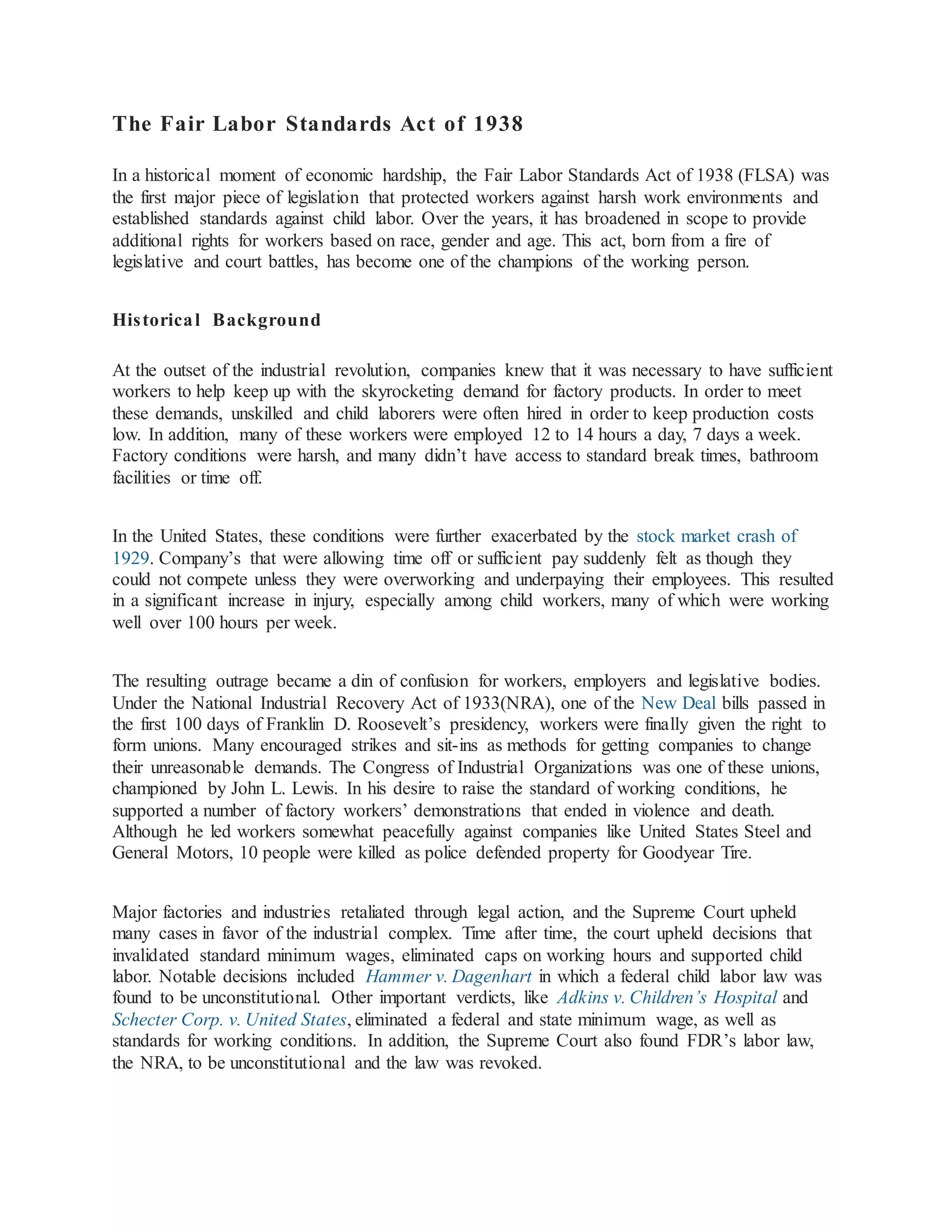 The Fair Labor Standards Act of 1938 | DOCX