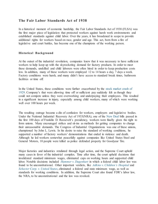 The Fair Labor Standards Act of 1938 | DOCX | Business | Business and ...