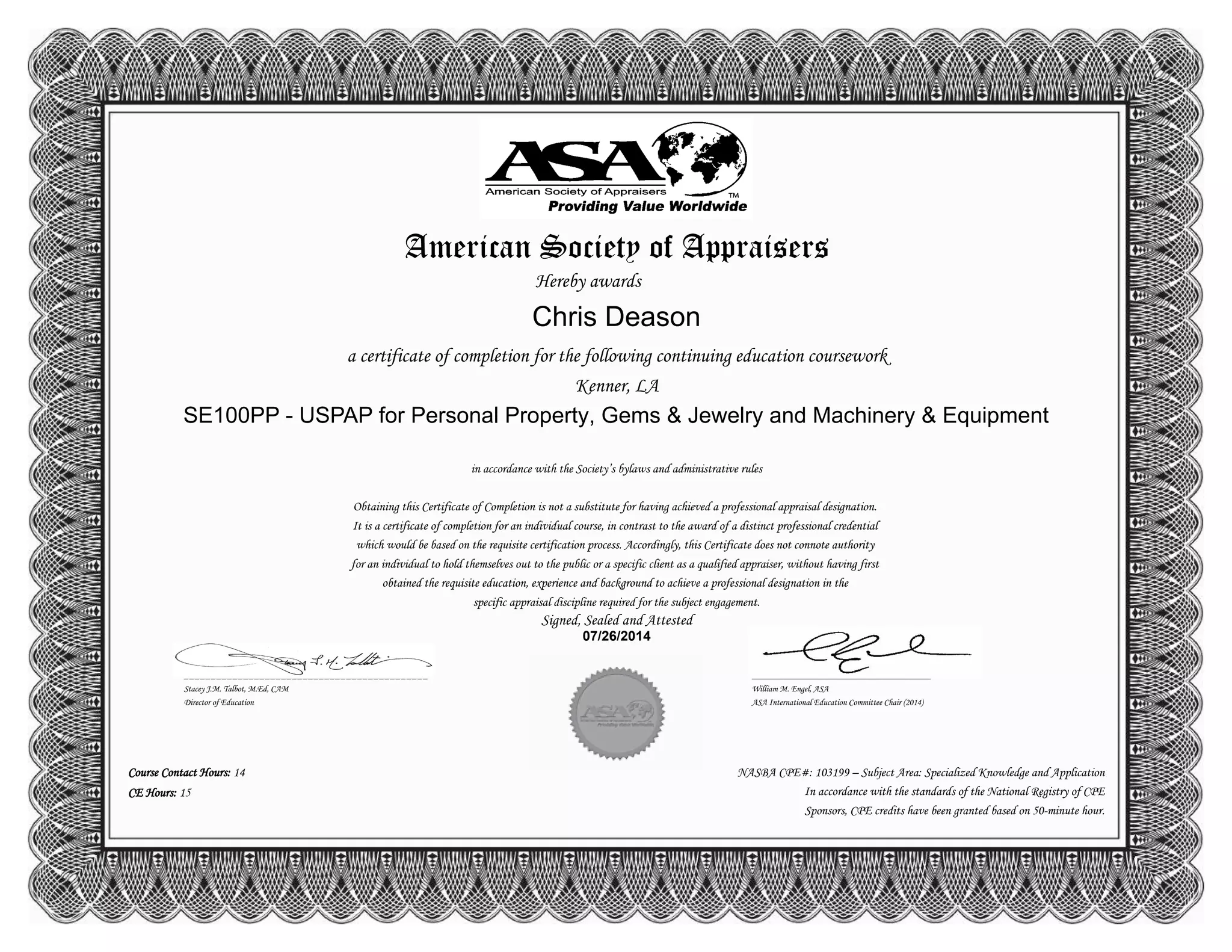 USPAP ASA Course Certificate_Class Registrations_74247 JULY2014 | PDF