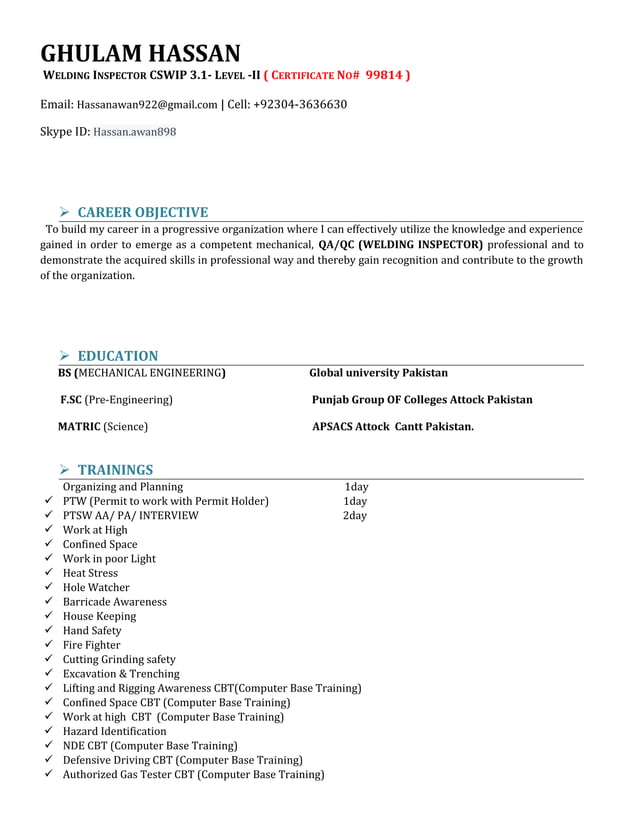 HASSAN AWAN QC Welding Inspector CV | PDF
