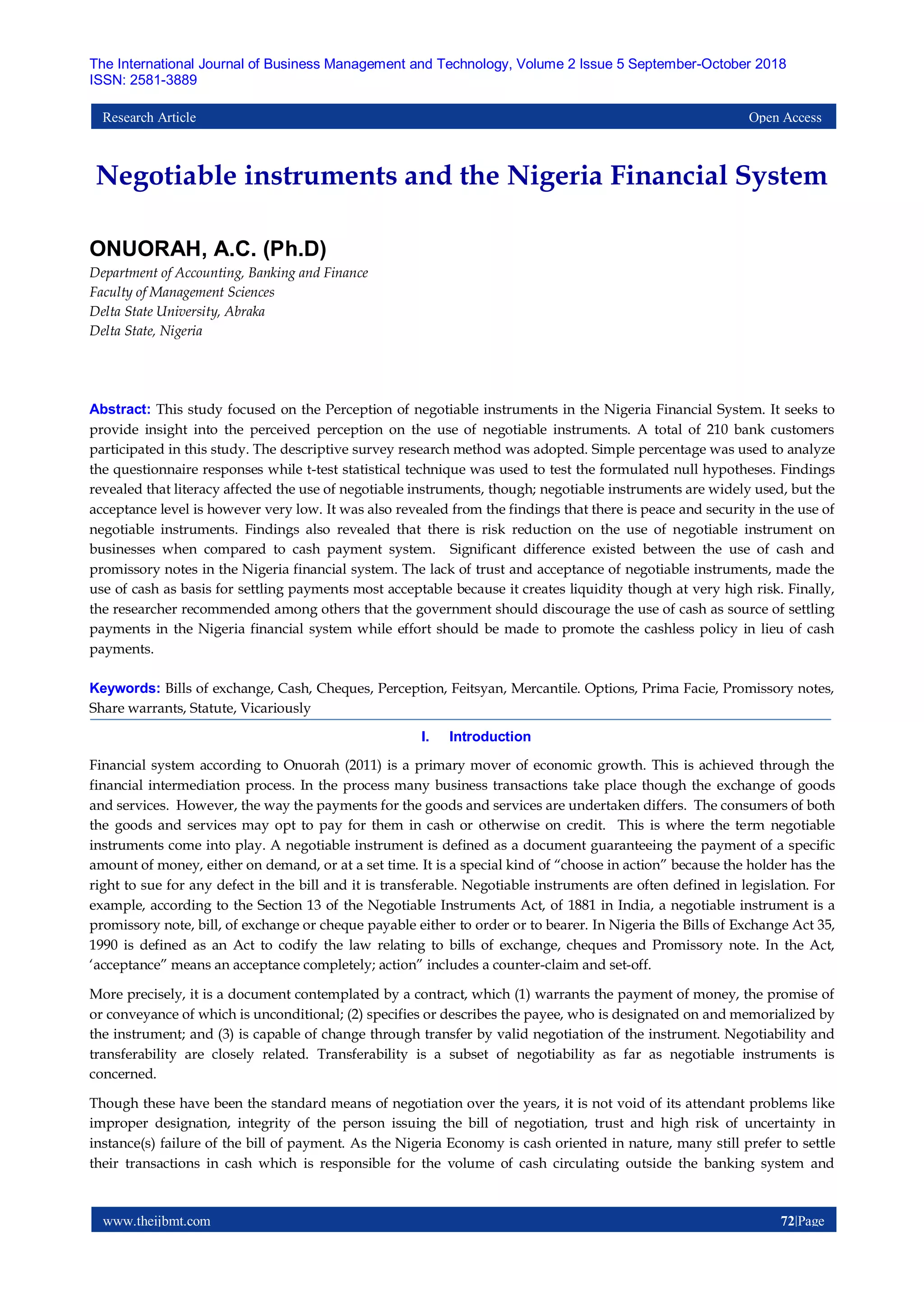 Negotiable instruments and the Nigeria Financial System | PDF