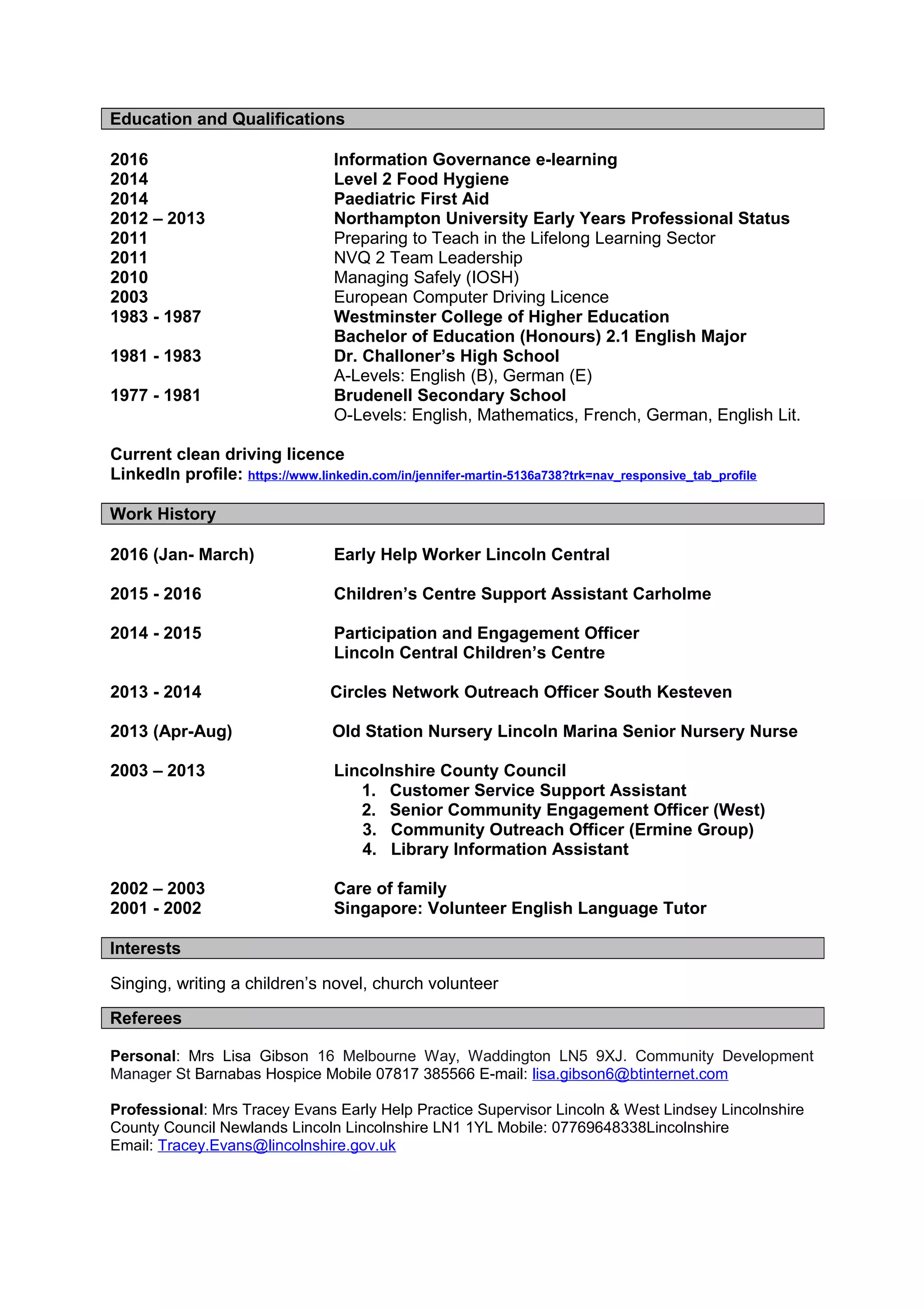 Jennifer Martin Curriculum Vitae 2016 | PDF
