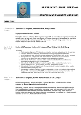 Resume_ARIE HIDAYATI_SNR HVAC ENGINEER | PDF | Civil Engineering Industry | Industries