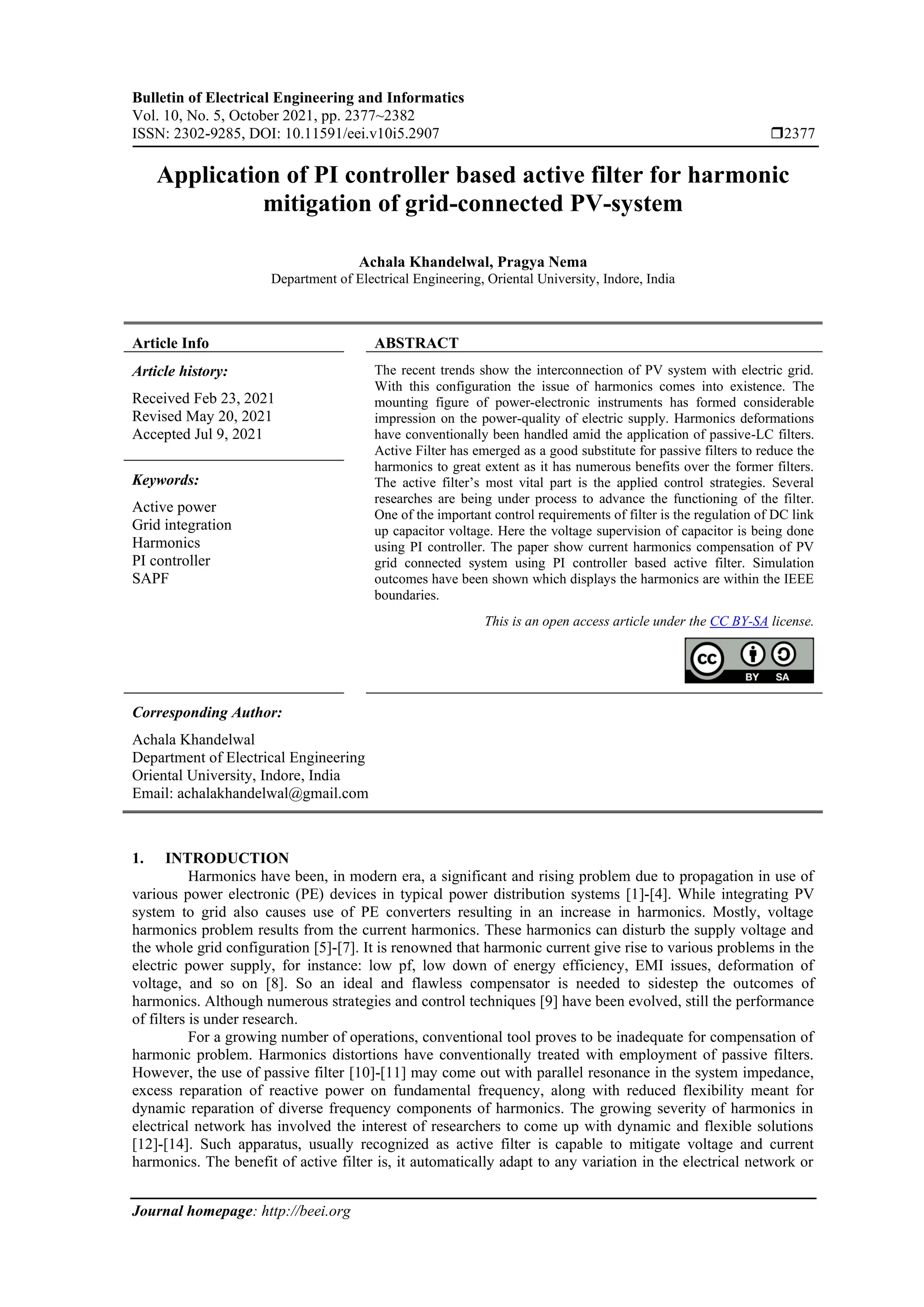 Application of PI controller based active filter for harmonic ...