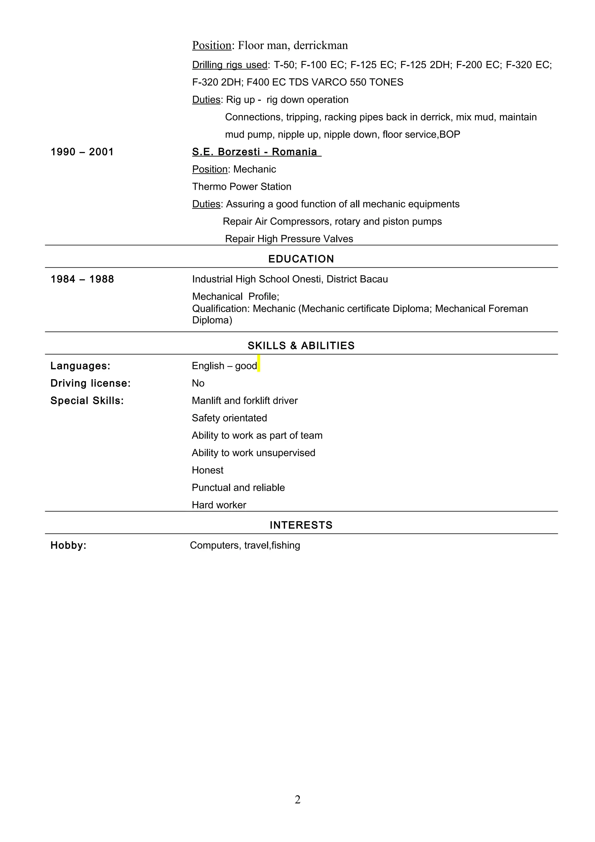 Constantin Cezar Tanasa CV Assistant Driller | DOC