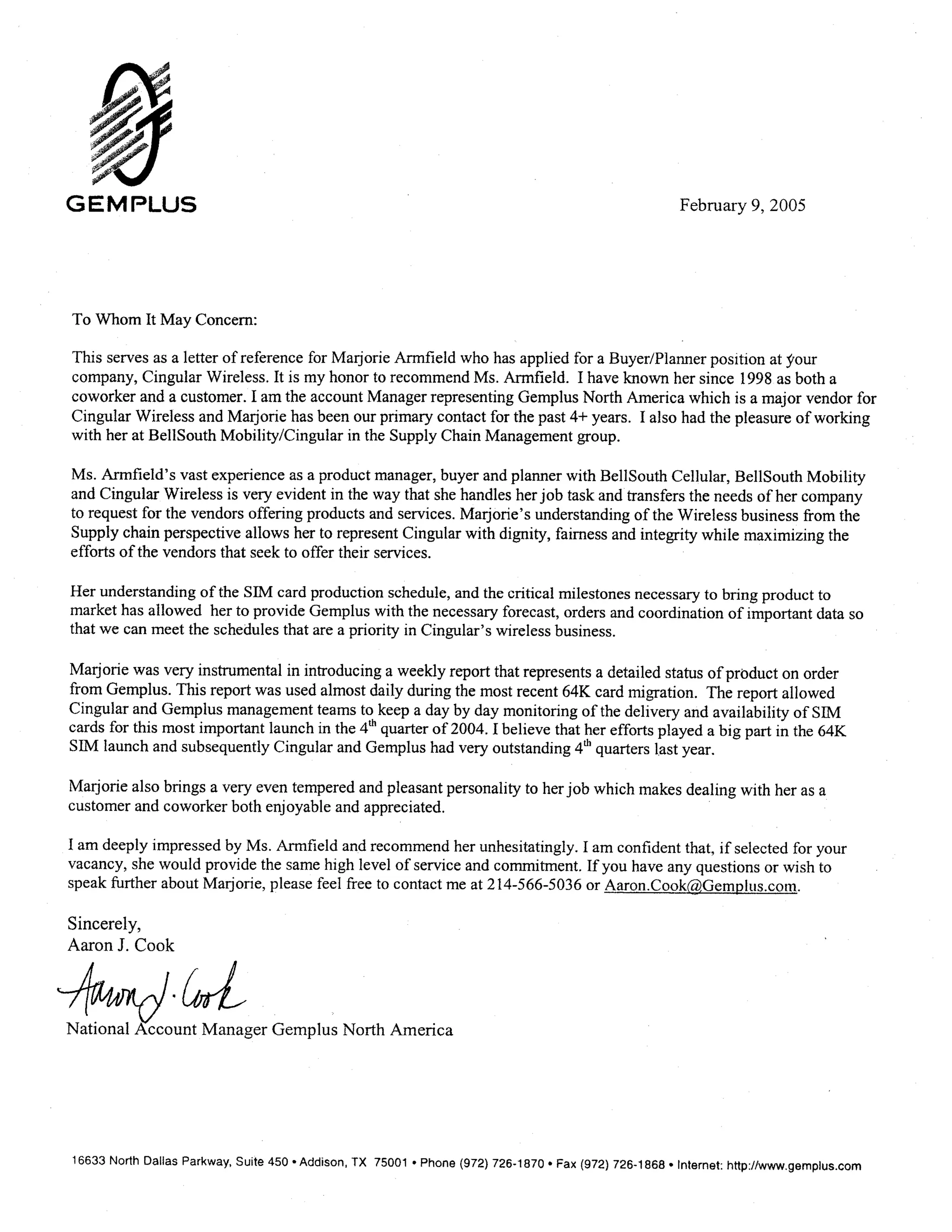Recommendation Letter Aaron Cook | PDF