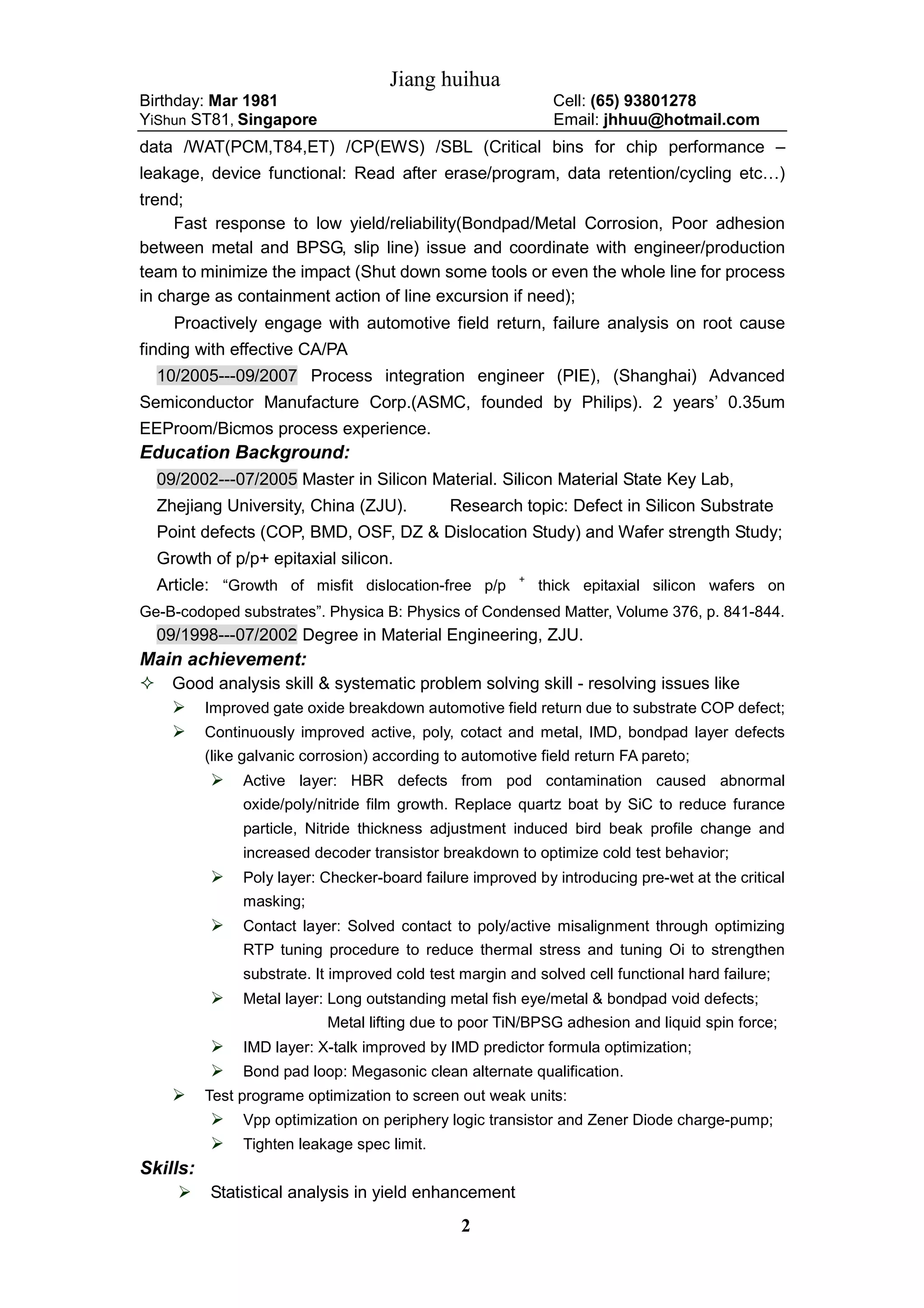 Jiang huihua Resume | PDF