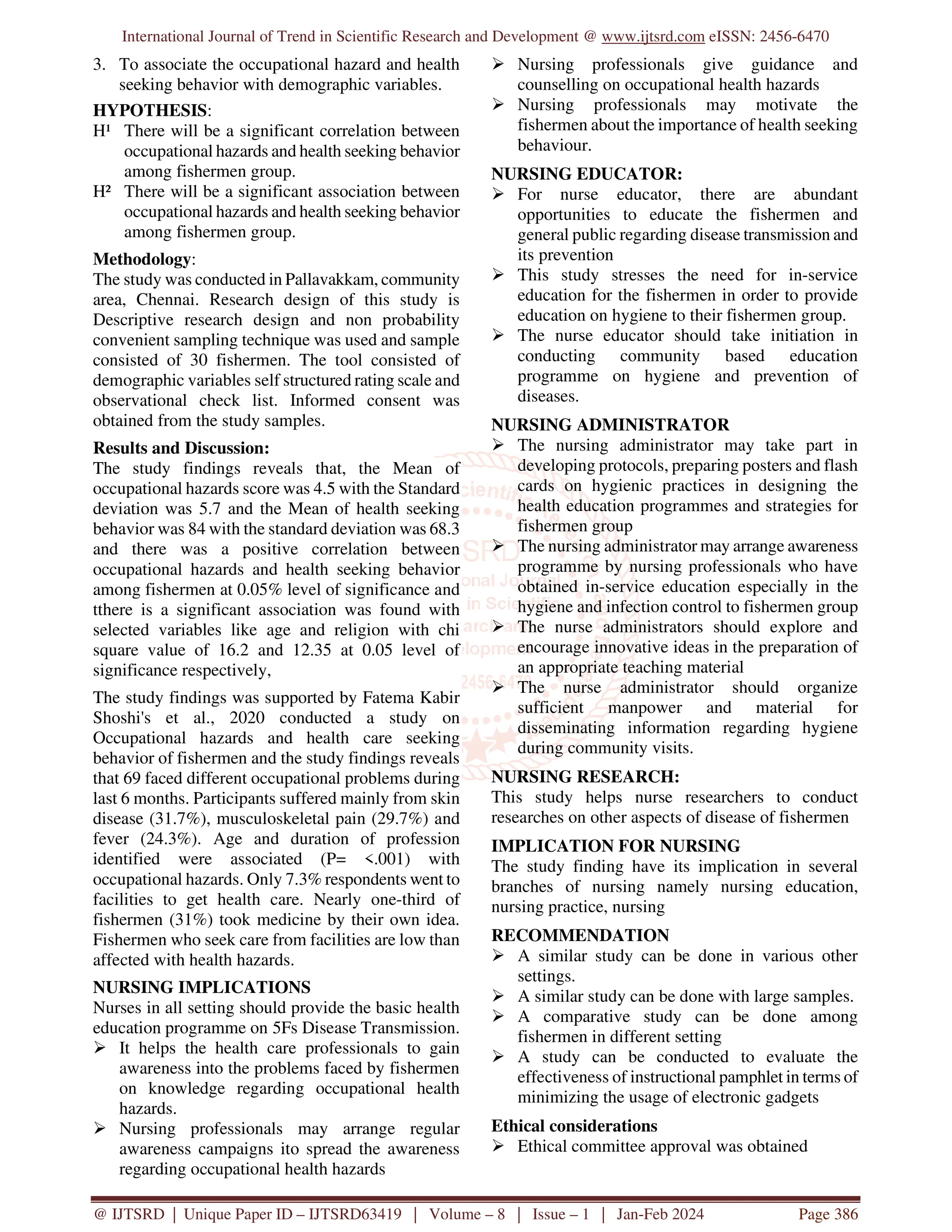 A Study to Assess the Occupational Hazards and Health Seeking Behavior ...