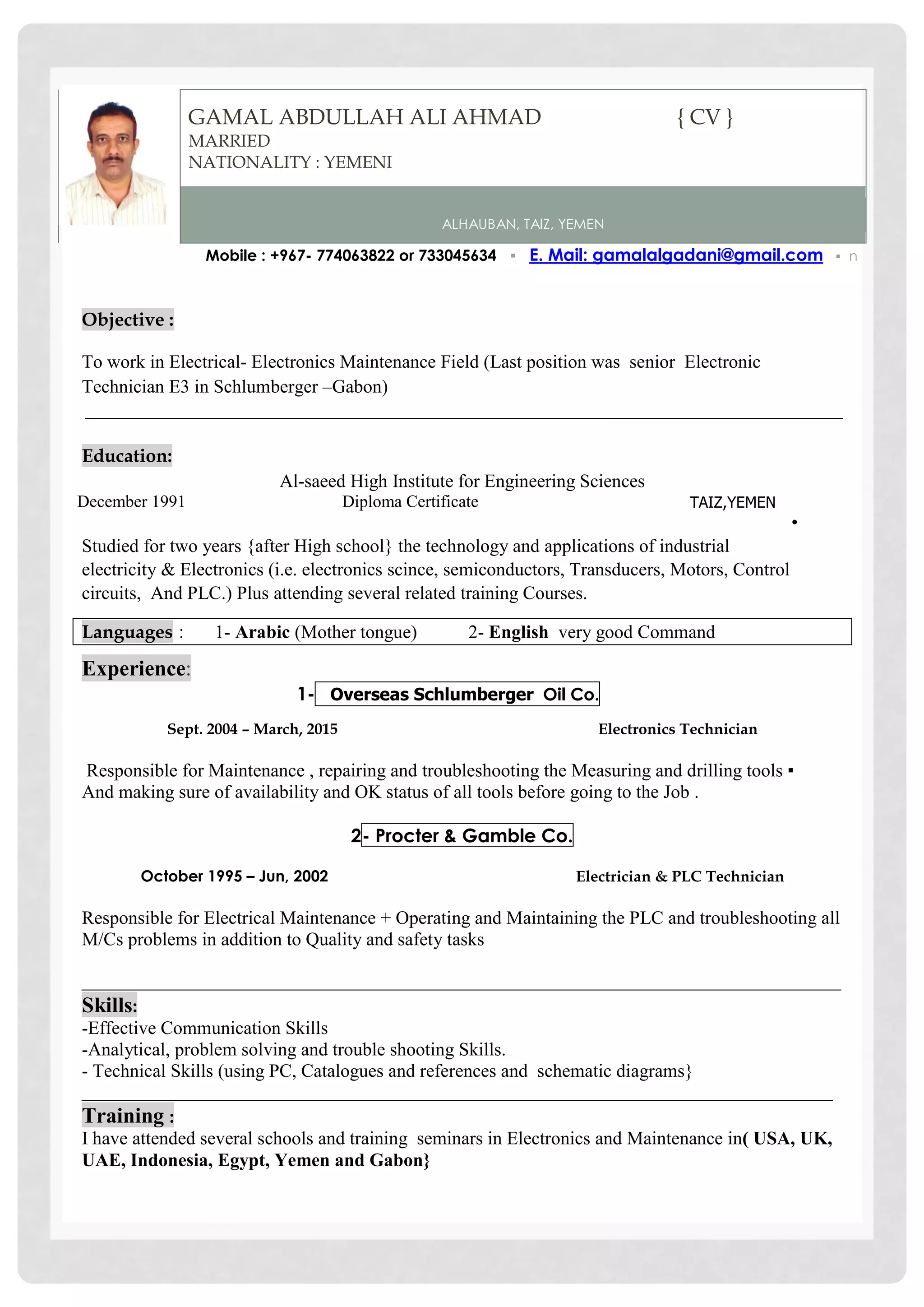 Gamal CV- Senior Elec. Technician2 | PDF