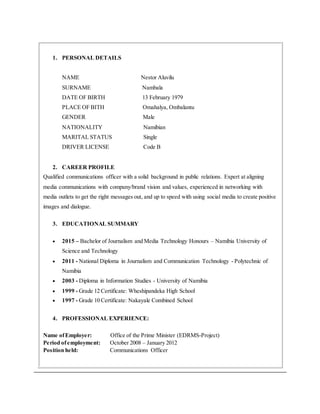 CV for Mr. Nestor Nambala | DOCX