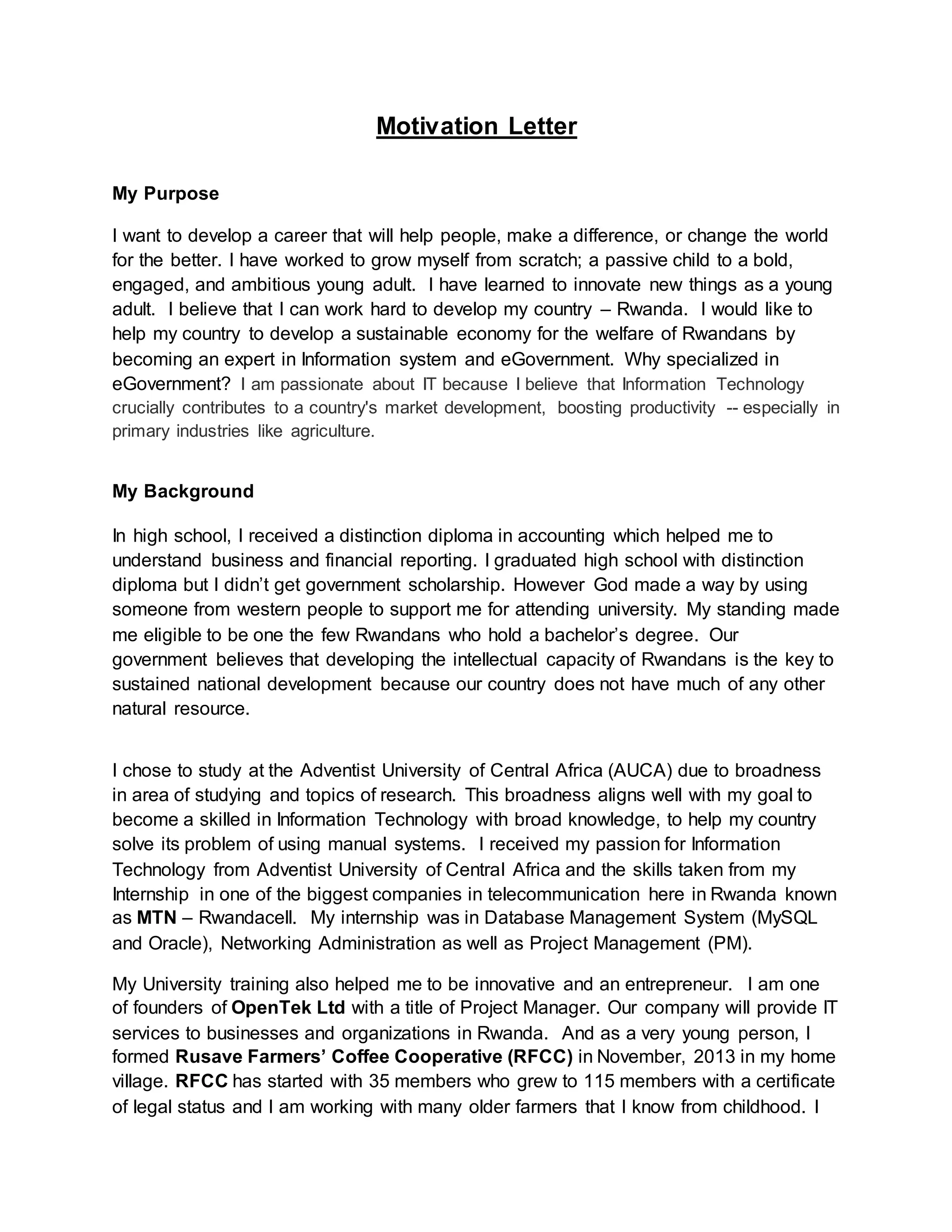 Motivation Letter | DOCX | College Education | Education