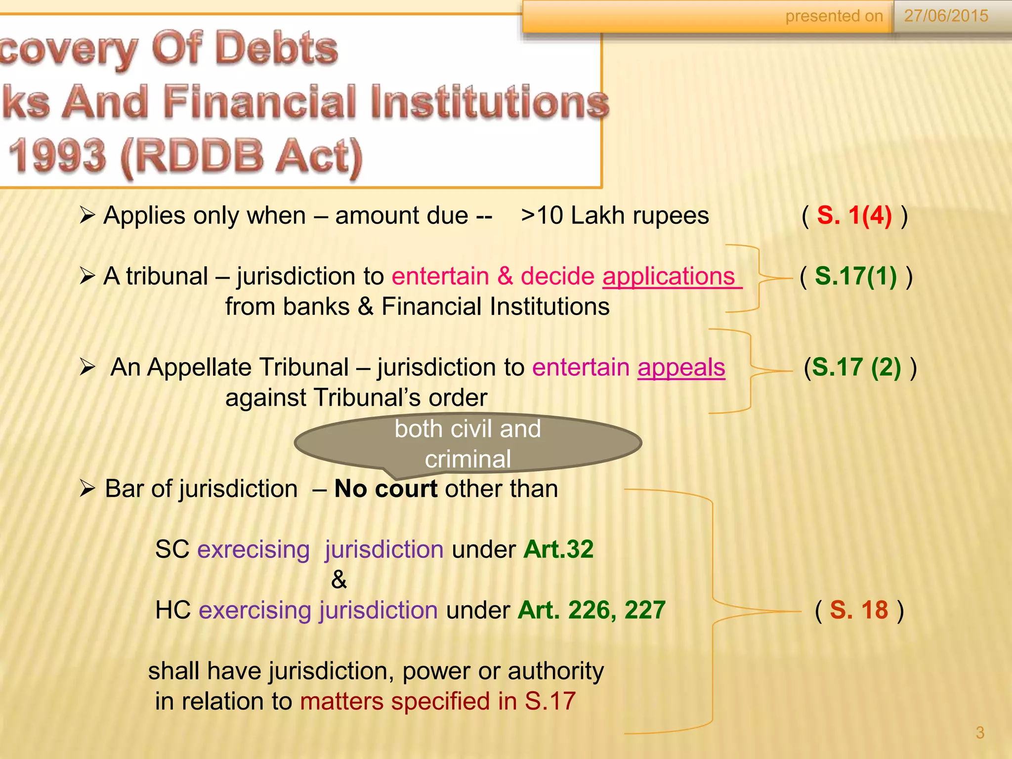 Major Banking Laws Of India - RDDB Act,1993 & SARFAESI Act, 2002 | PPTX