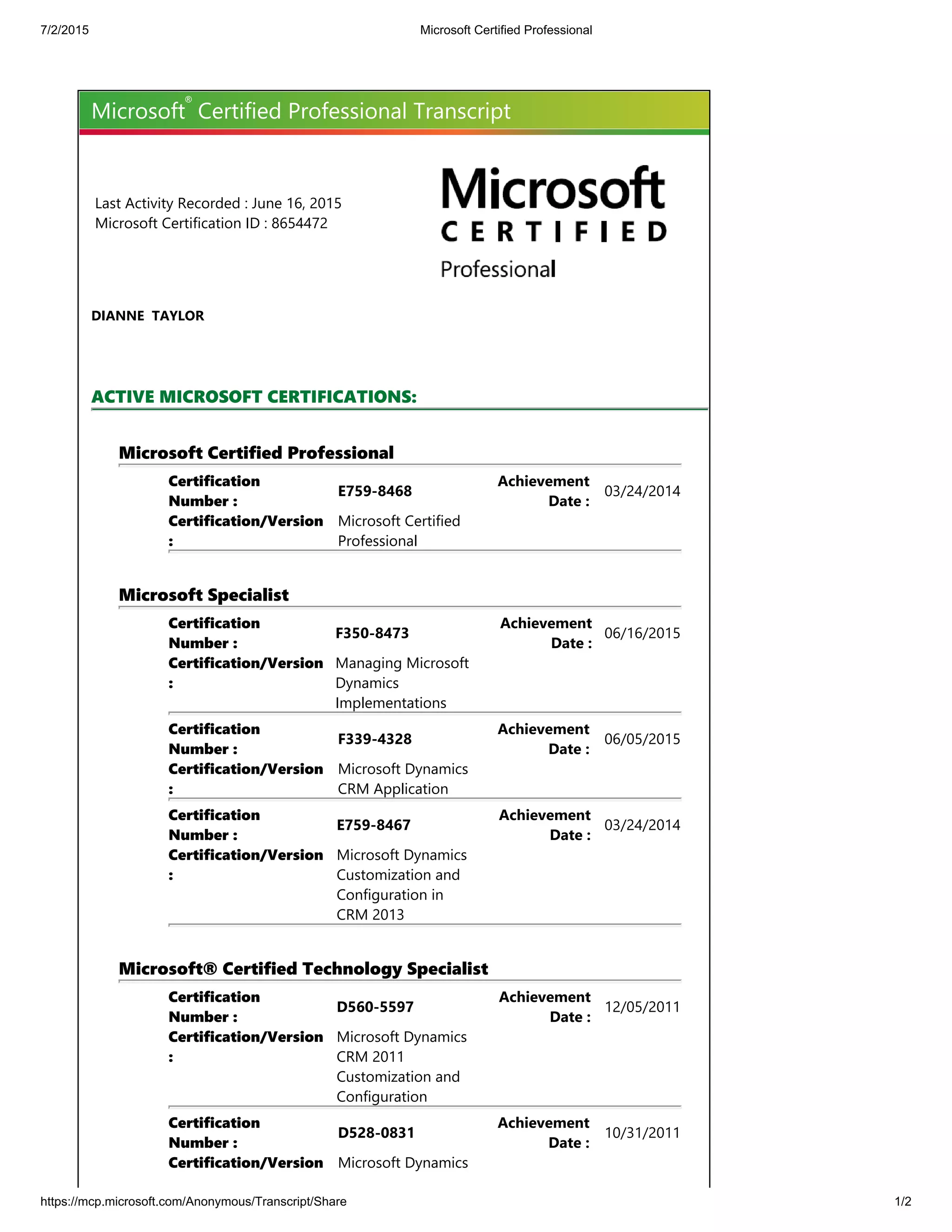 Microsoft Certified Professional Transcript | PDF