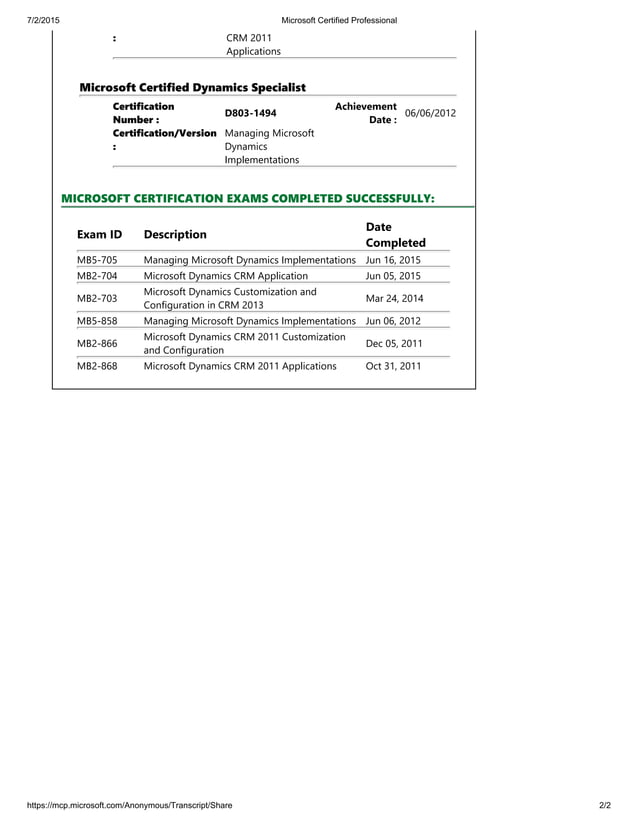 Microsoft Certified Professional Transcript | PDF