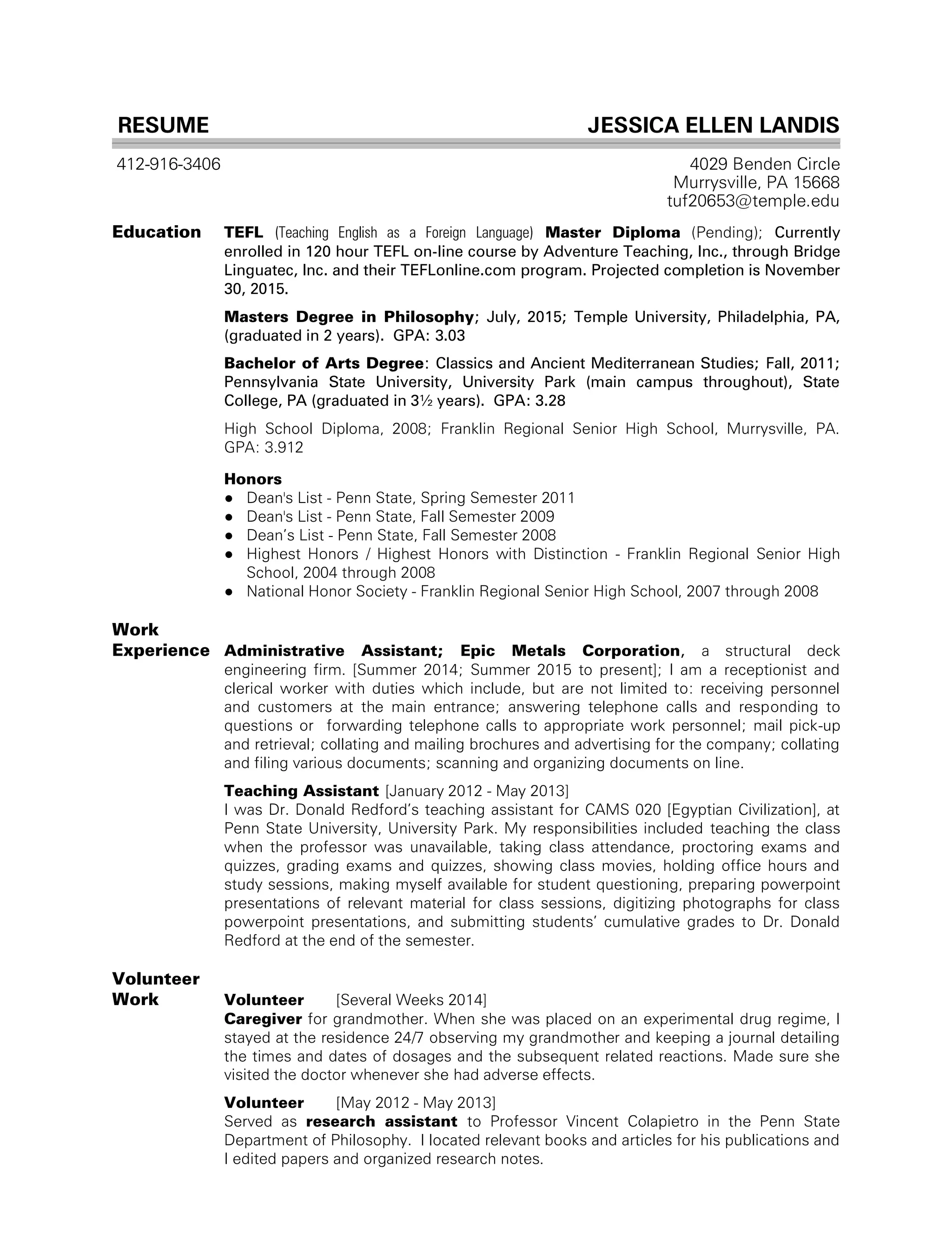 RESUME OF JESSICA ELLEN LANDIS - 10-2015 | PDF