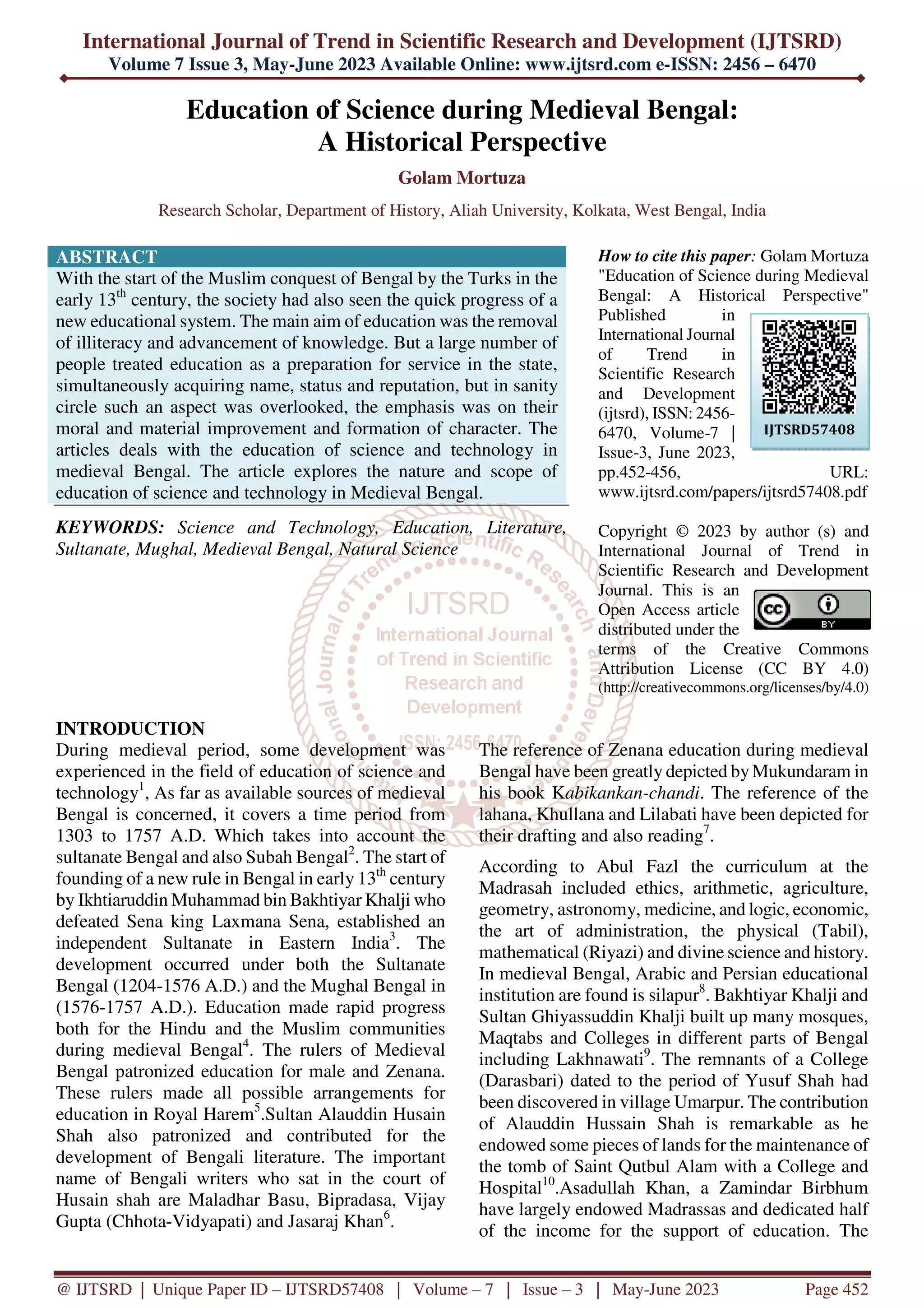 Education of Science during Medieval Bengal A Historical Perspective | PDF
