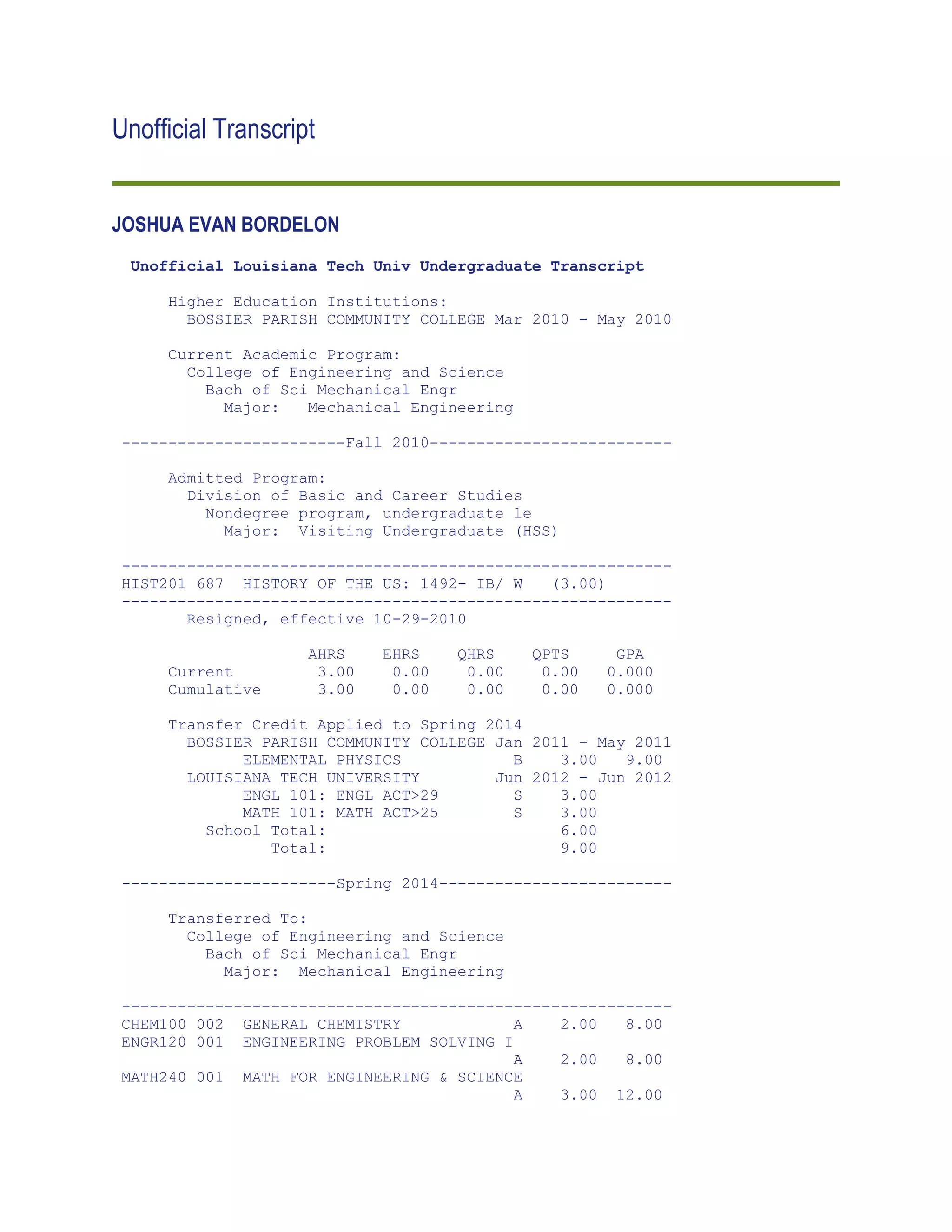Joshua_Bordelon_Unofficial_Transcript | PDF