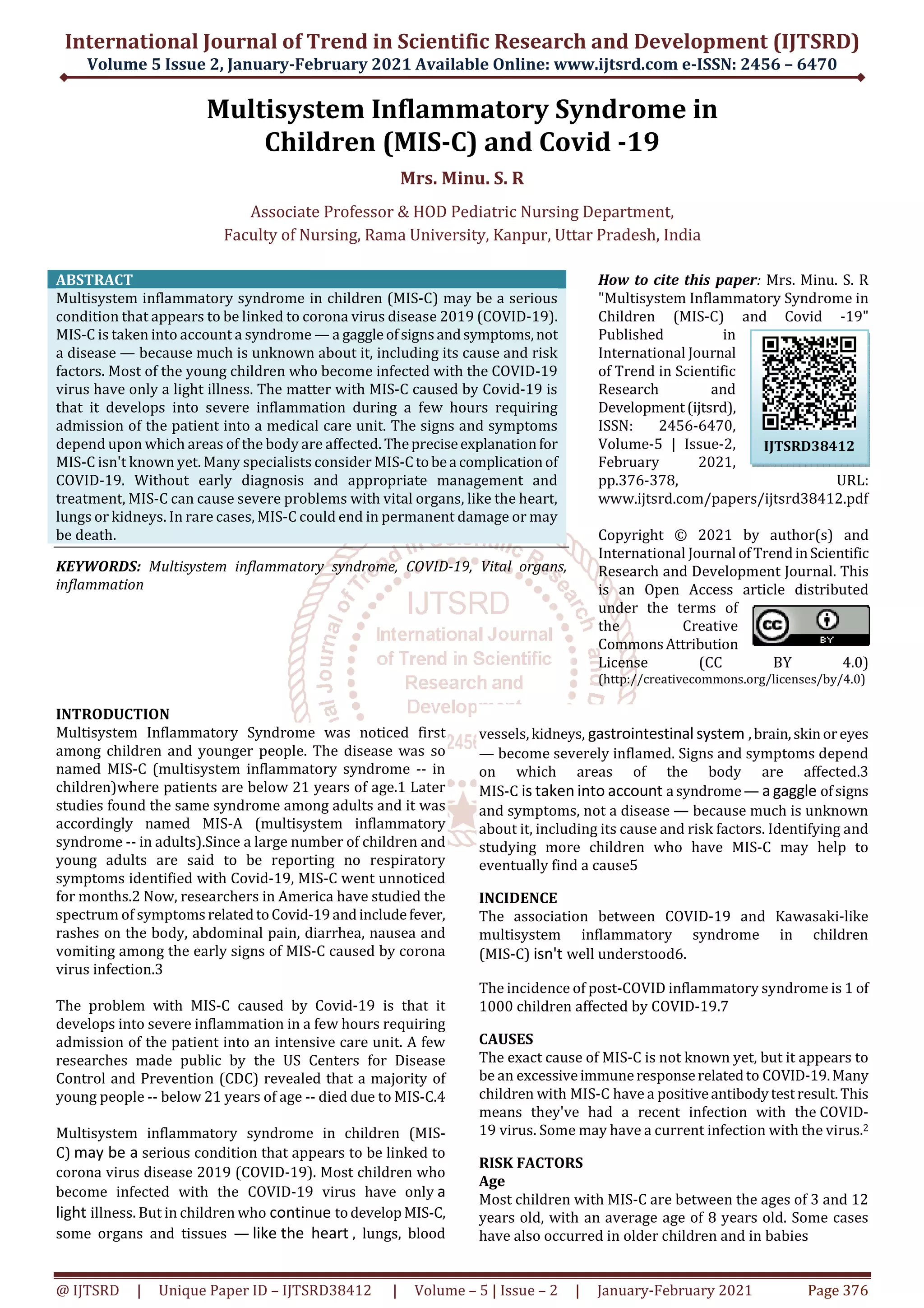 Multisystem Inflammatory Syndrome in Children MIS C and Covid 19 | PDF