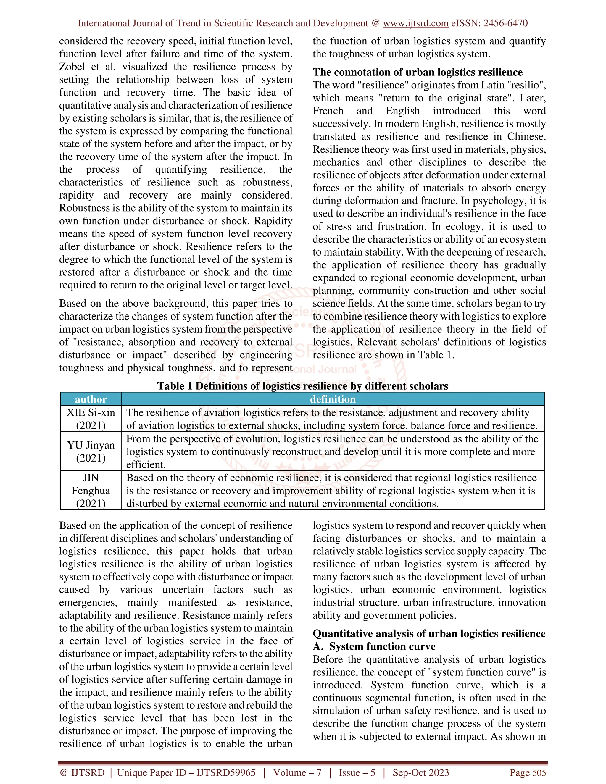 Quantitative Analysis Of Urban Logistics Resilience Based On Functional