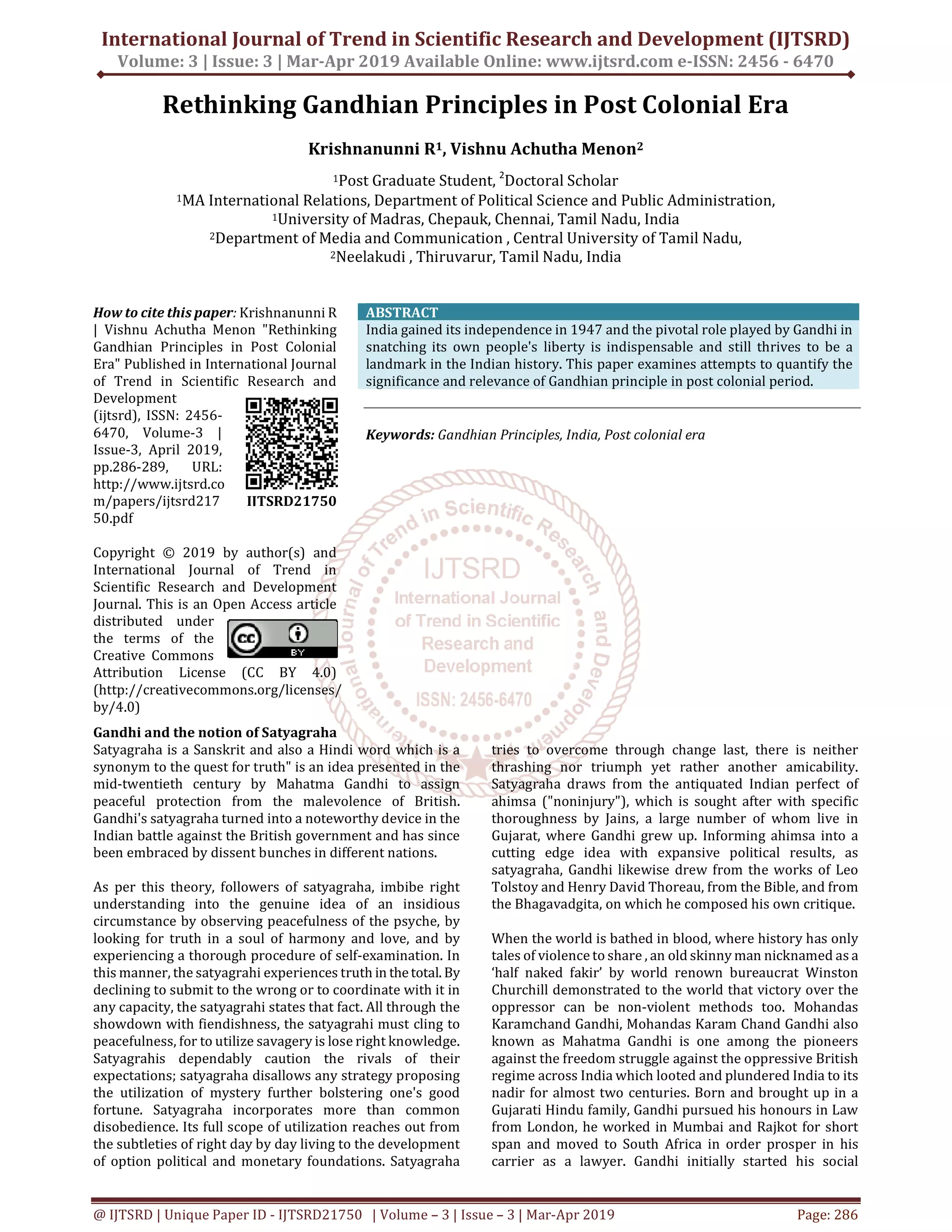 Rethinking Gandhian Principles in Post Colonial Era | PDF