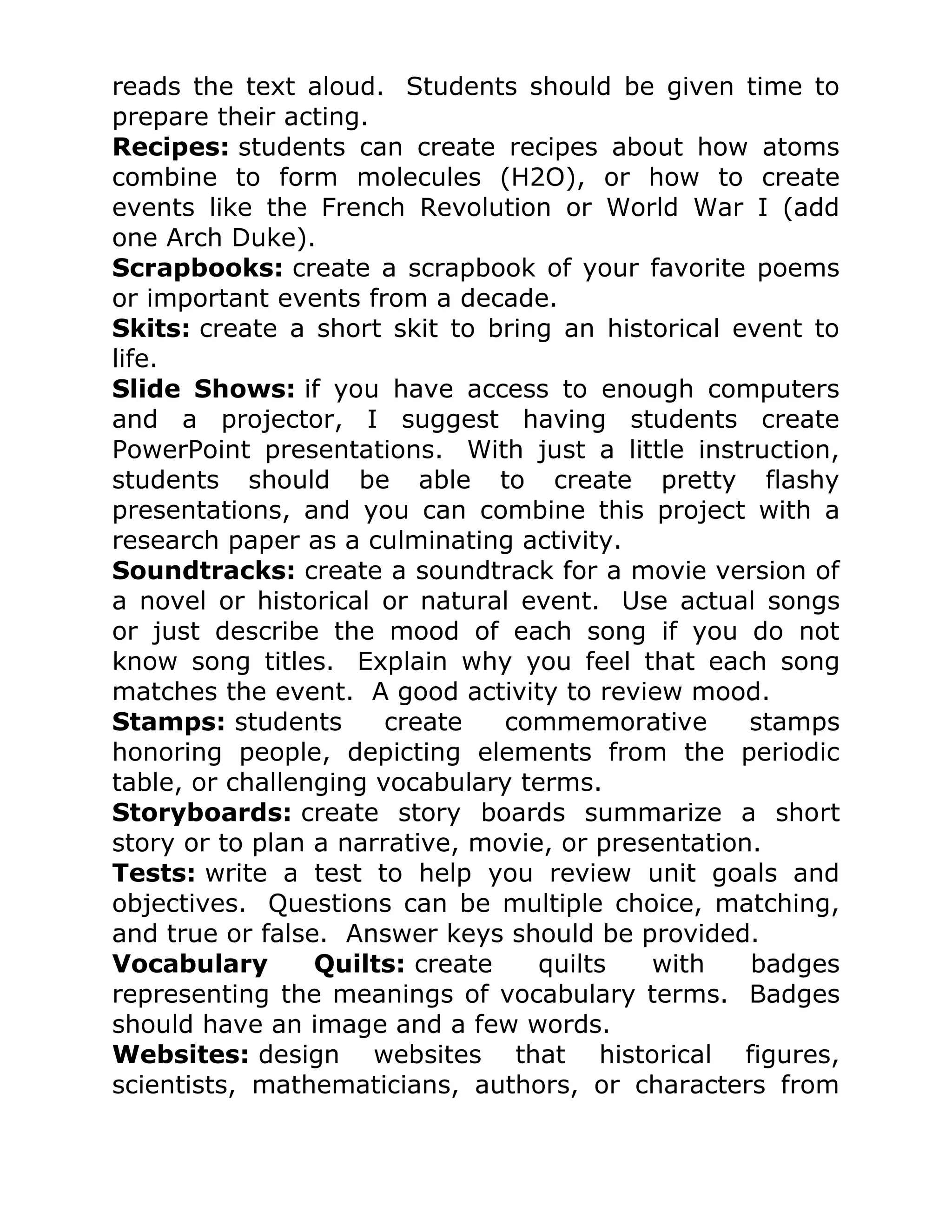 62 school project ideas | DOCX