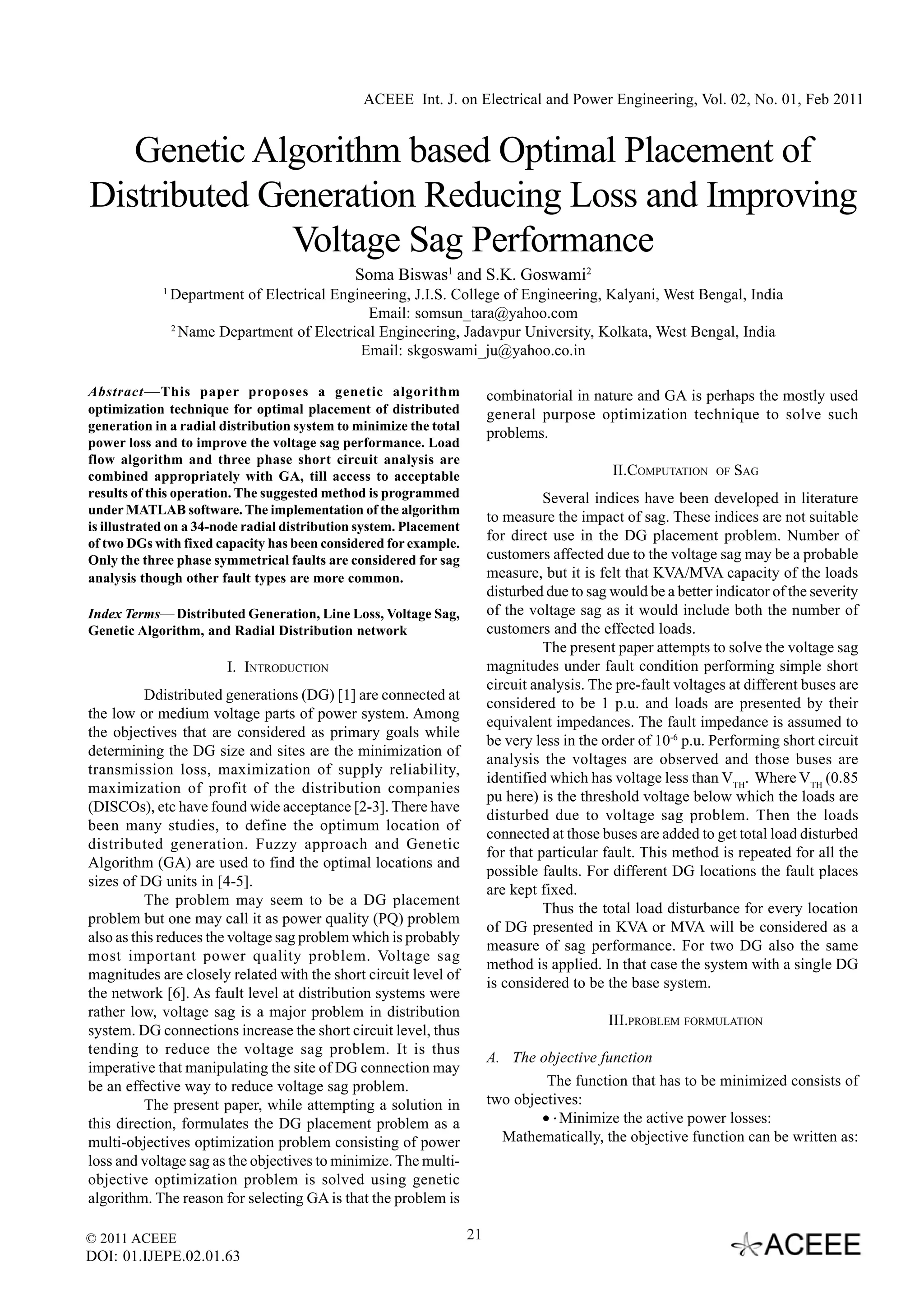 Genetic Algorithm Based Optimal Placement Of Distributed Generation