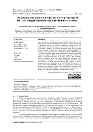 Adaptation and evaluation of psychometric properties of HELAM using the ...
