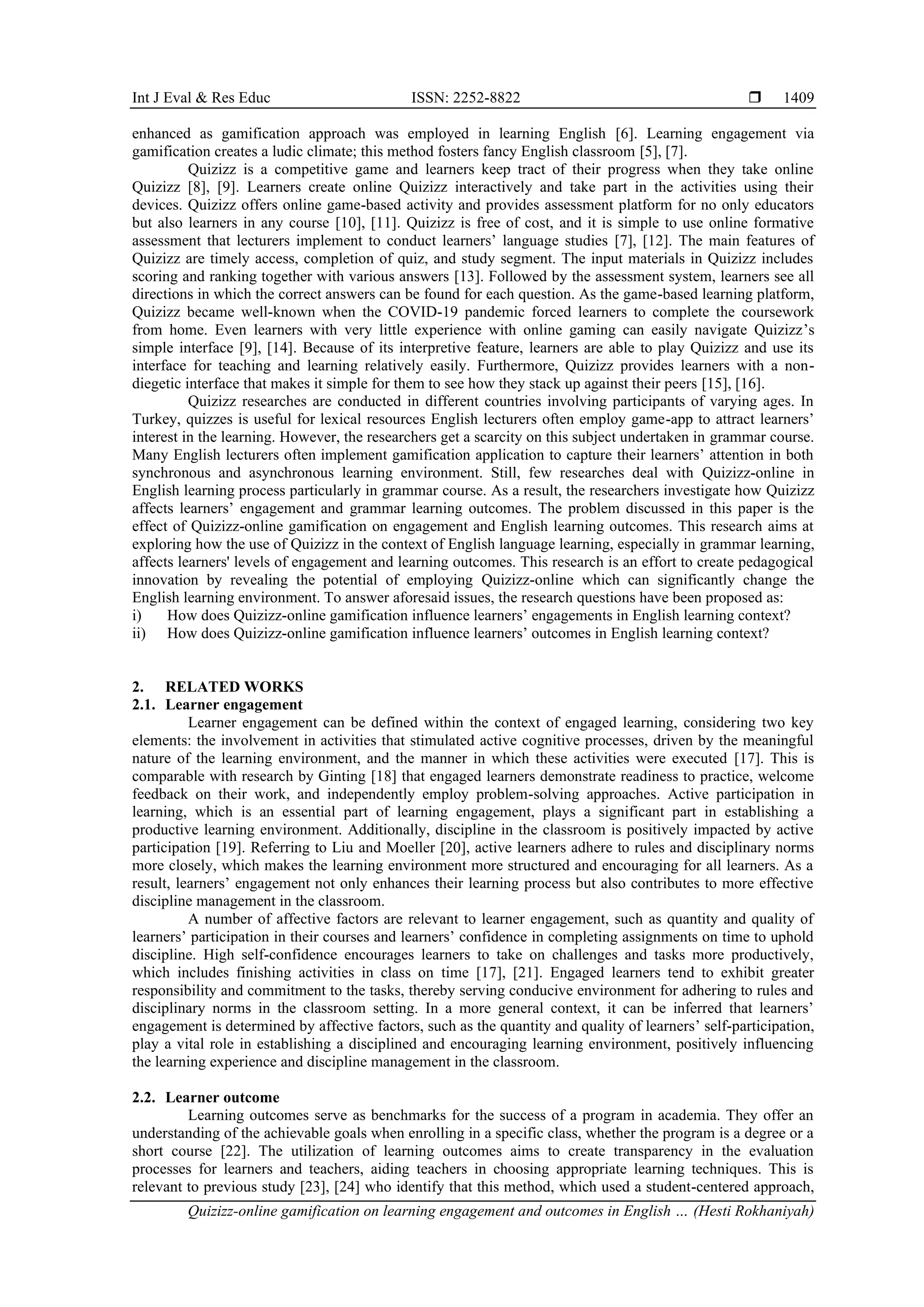 Quizizz-online gamification on learning engagement and outcomes in ...