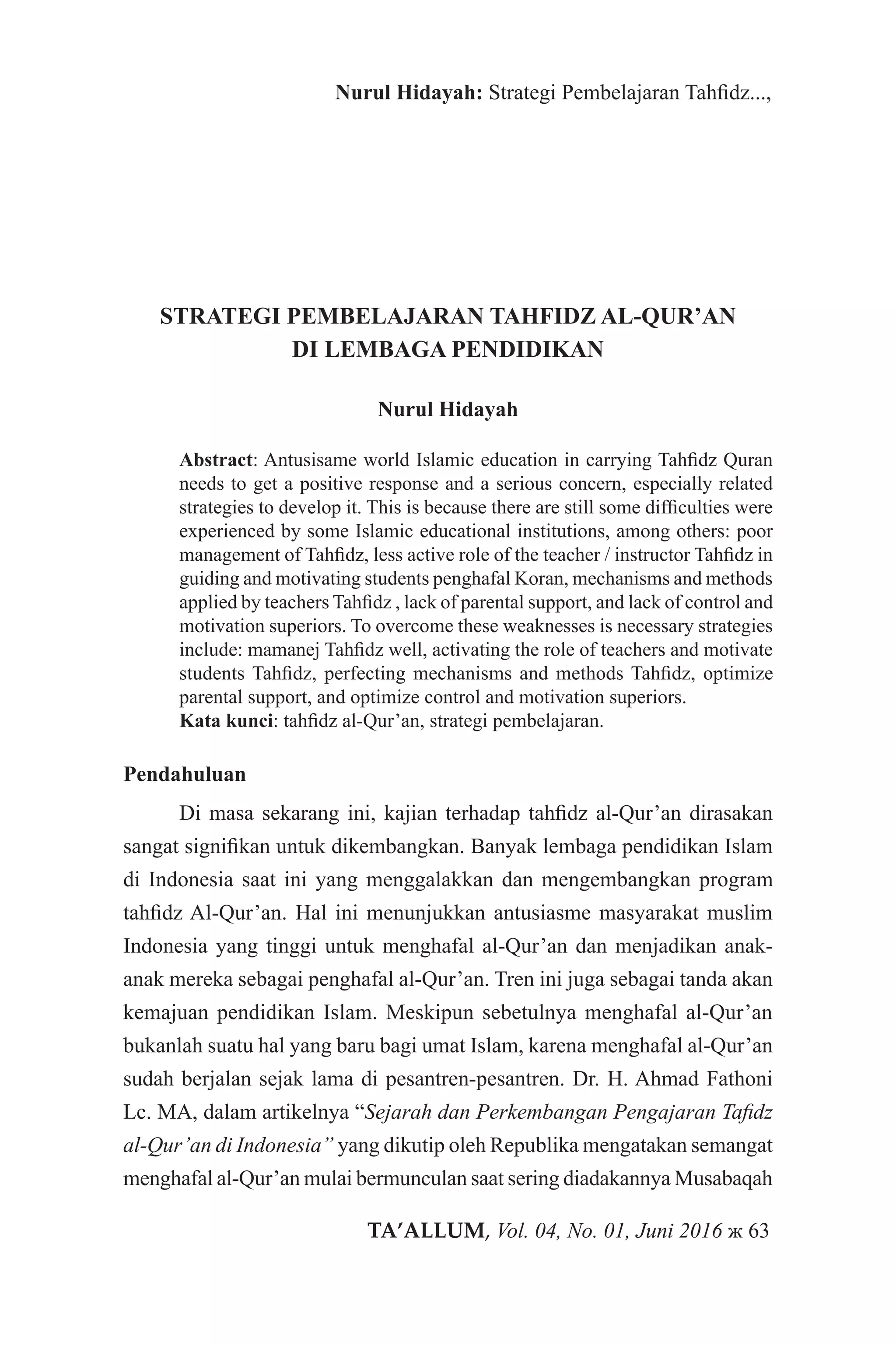 STRATEGI PEMBELAJARAN TAHFIDZ AL-QUR’AN DI LEMBAGA PENDIDIKAN | PDF