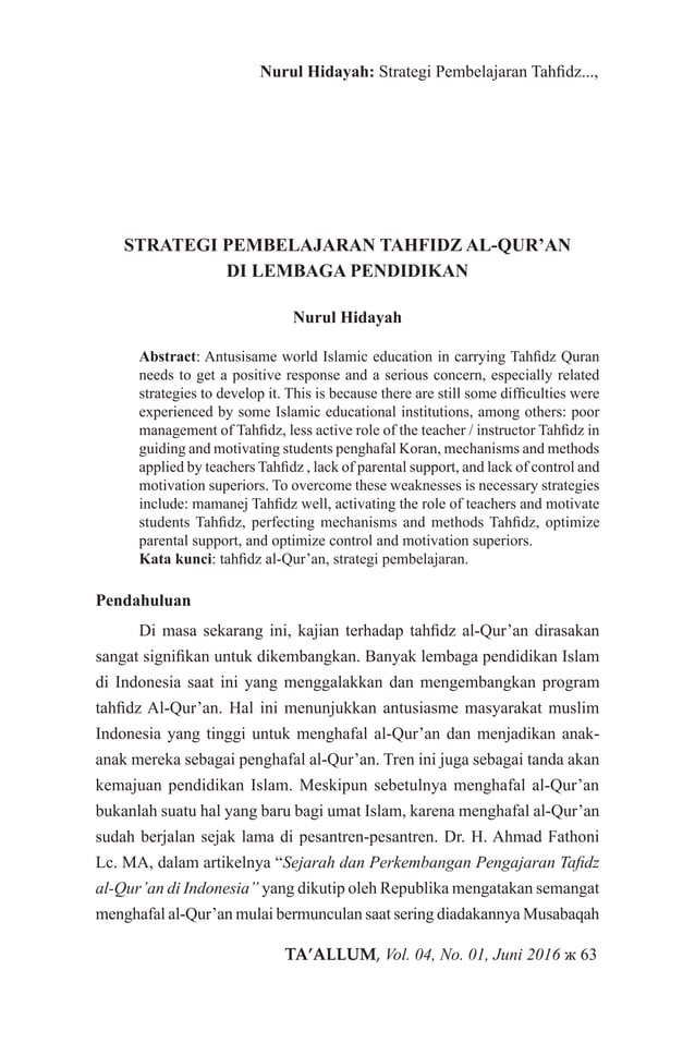 STRATEGI PEMBELAJARAN TAHFIDZ AL-QUR’AN DI LEMBAGA PENDIDIKAN | PDF