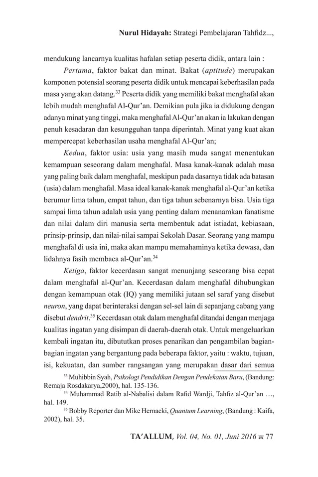 STRATEGI PEMBELAJARAN TAHFIDZ AL-QUR’AN DI LEMBAGA PENDIDIKAN | PDF