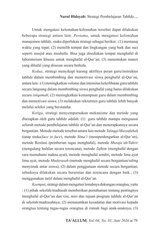 STRATEGI PEMBELAJARAN TAHFIDZ AL-QUR’AN DI LEMBAGA PENDIDIKAN | PDF