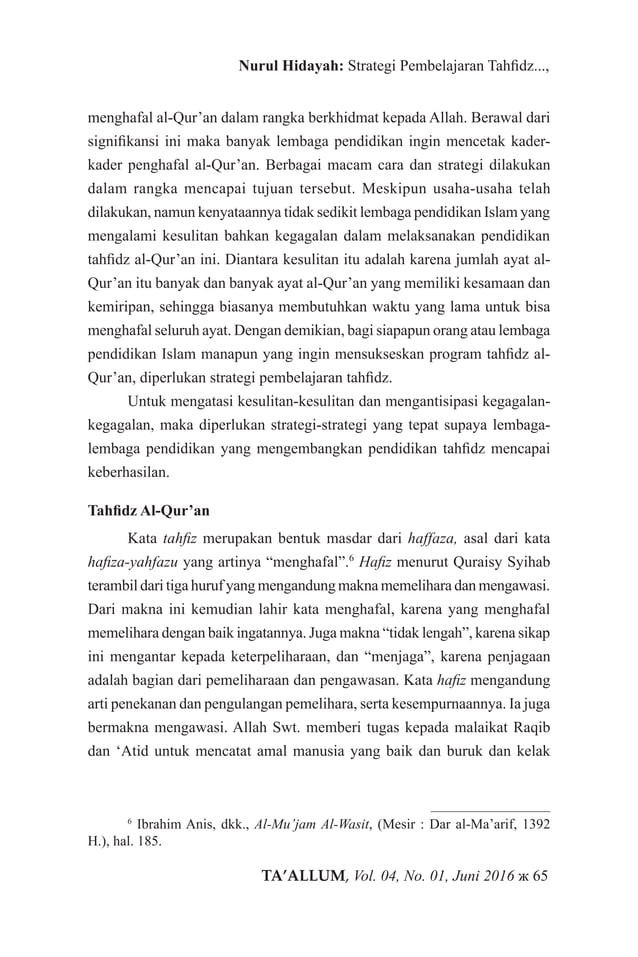 STRATEGI PEMBELAJARAN TAHFIDZ AL-QUR’AN DI LEMBAGA PENDIDIKAN | PDF