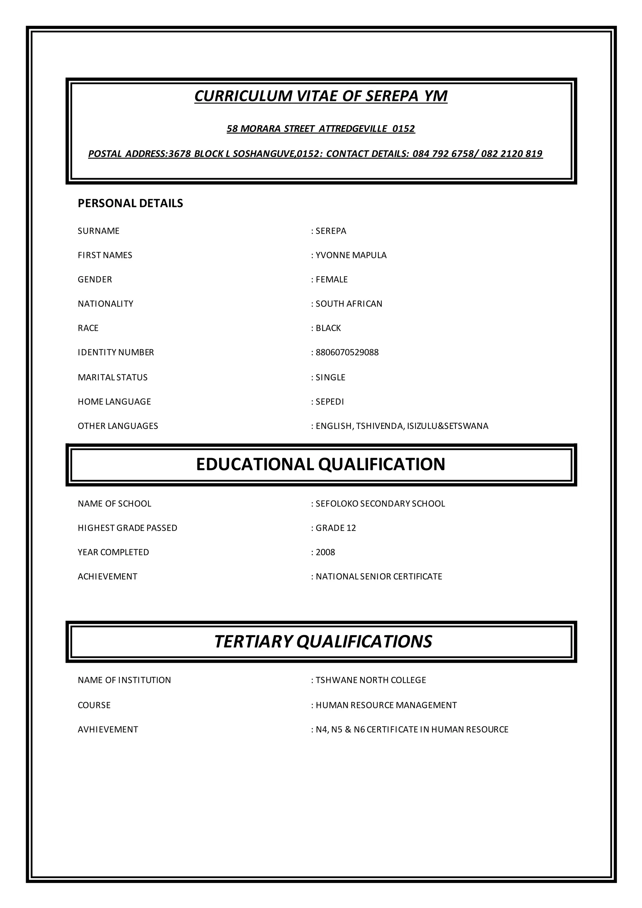 RECENT CV OF YVONNE SEREPA | DOCX