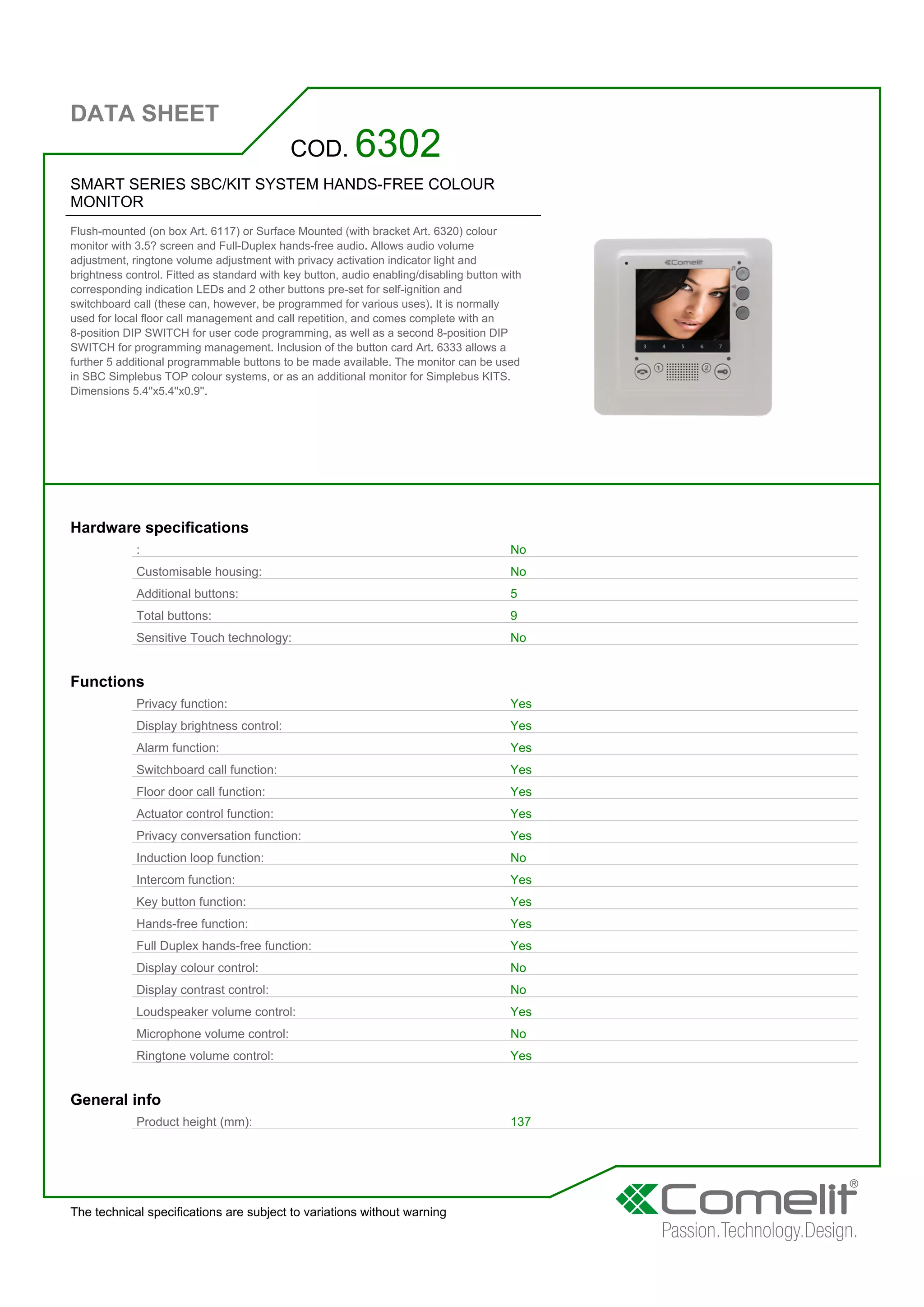 Comelit 6302 Data Sheet | PDF