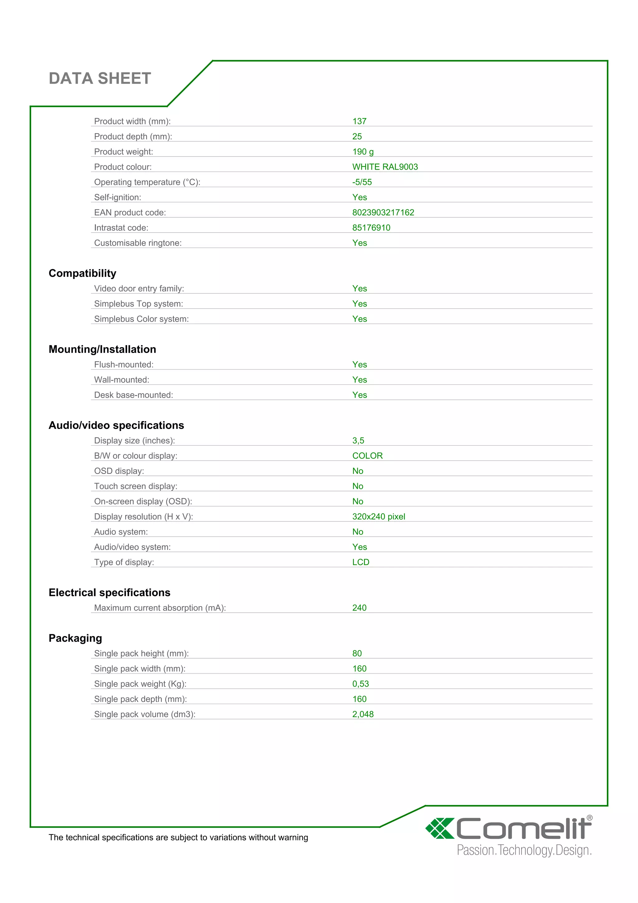 Comelit 6302 Data Sheet | PDF
