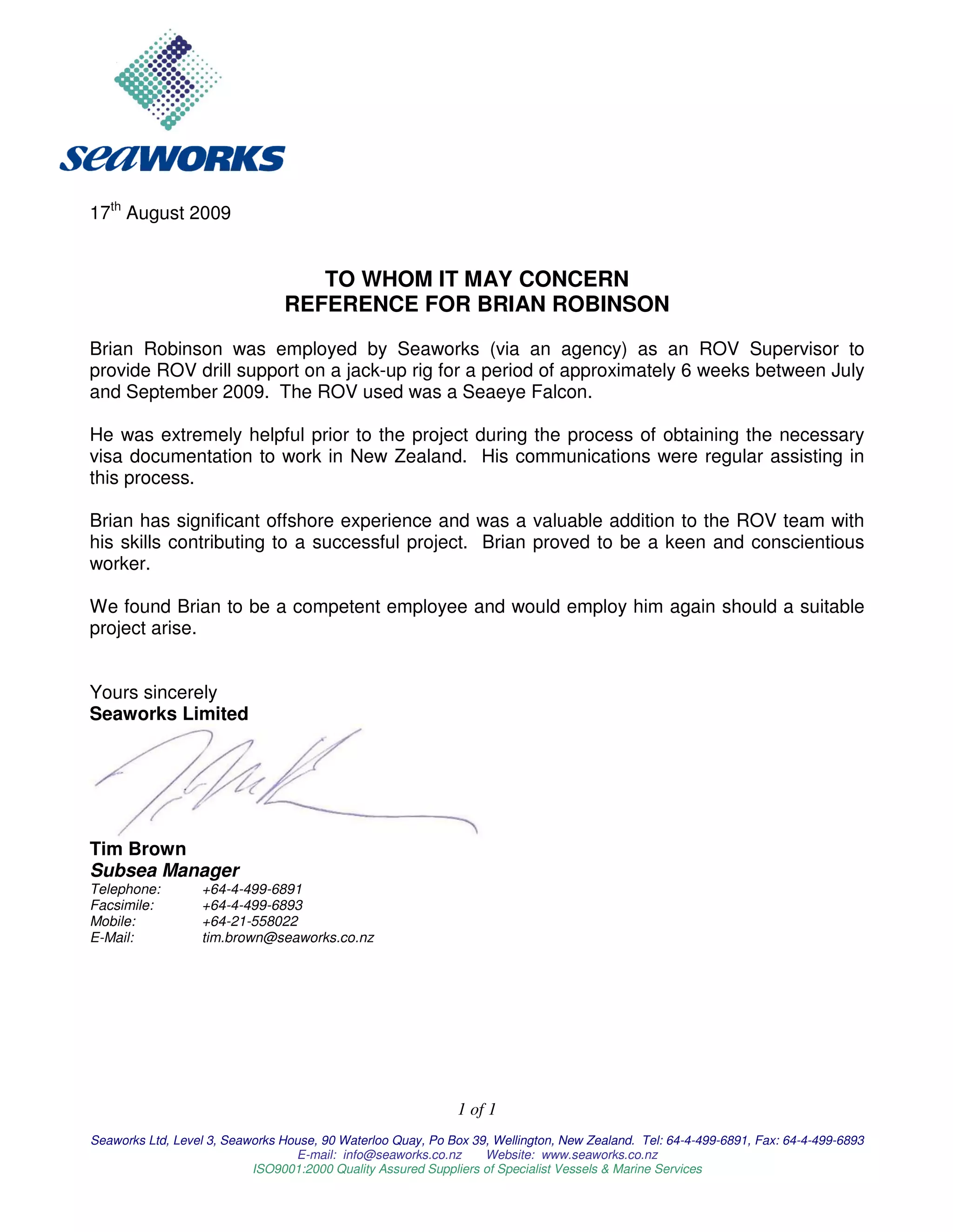 Brian Robinson - Seaworks Reference 17Aug09 | PDF