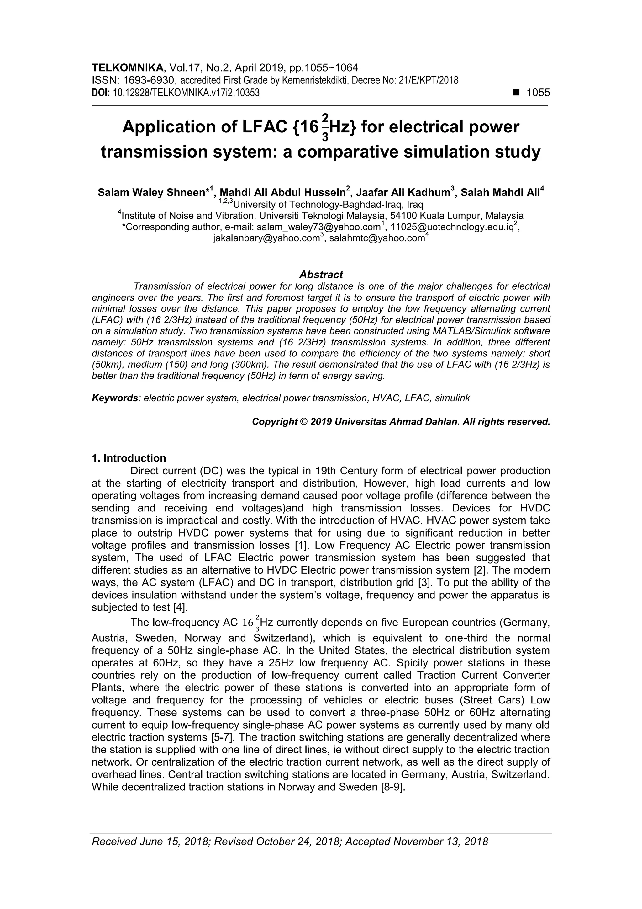 Application of LFAC { Hz} for electrical power transmission system: a ...
