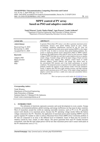 MPPT control of PV array based on PSO and adaptive controller | PDF
