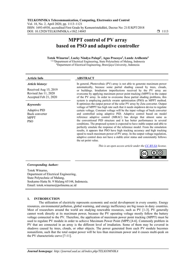 Mppt Control Of Pv Array Based On Pso And Adaptive Controller Pdf
