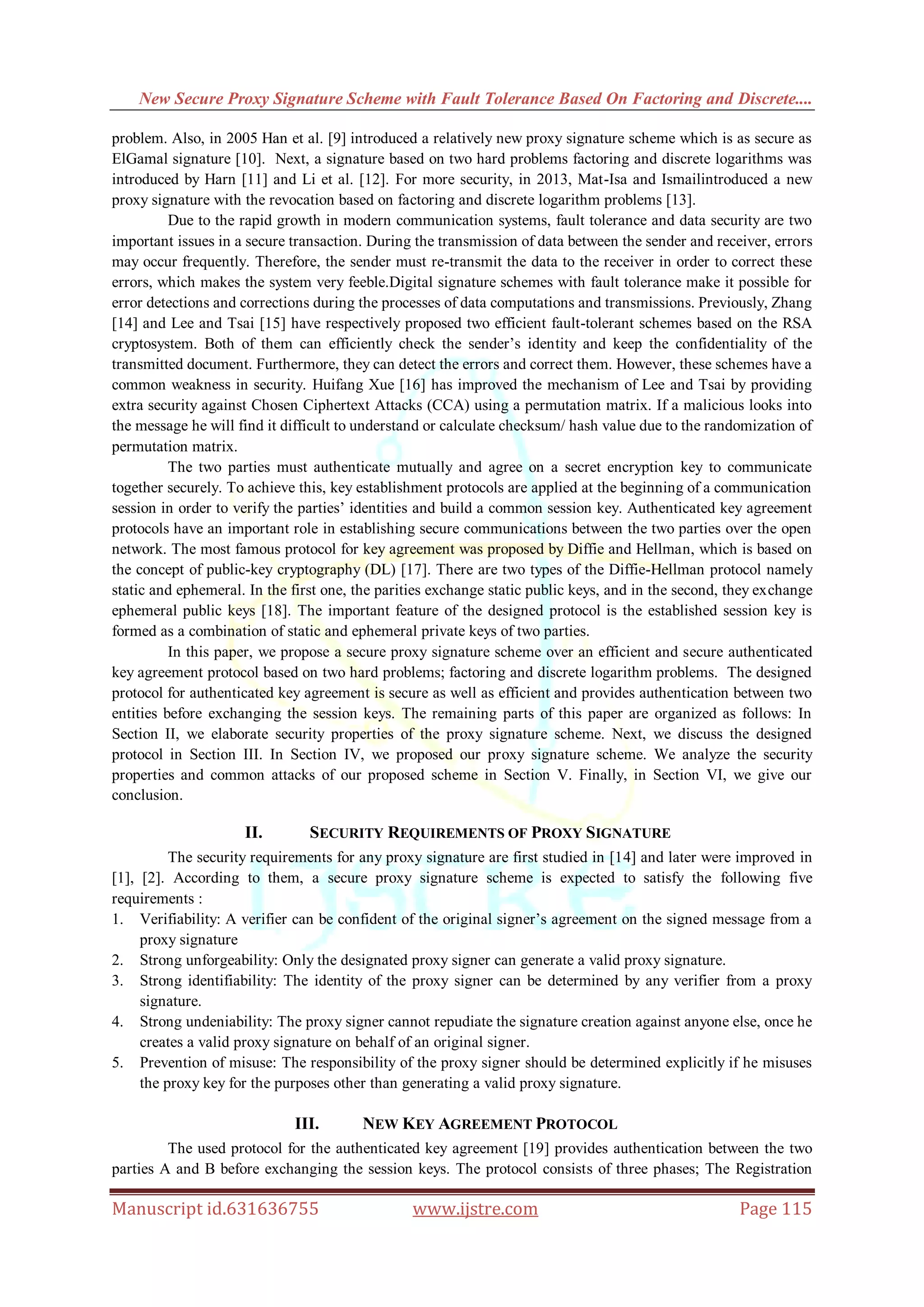 New Secure Proxy Signature Scheme With Fault Tolerance Based On Factoring And Discrete Logarithm