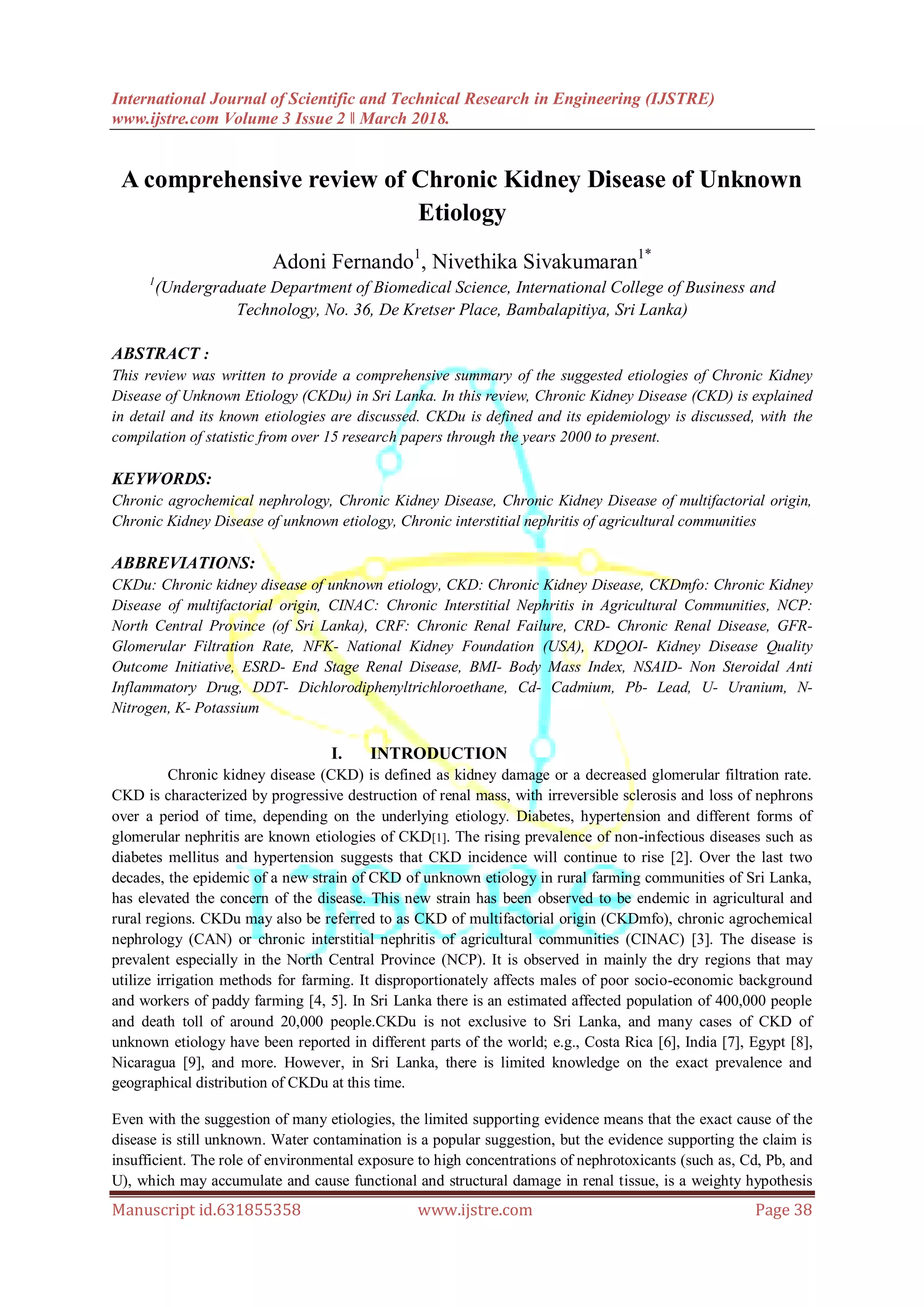 A comprehensive review of Chronic Kidney Disease of Unknown Etiology | PDF