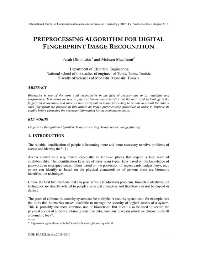 Preprocessing Algorithm For Digital Fingerprint Image Recognition Pdf