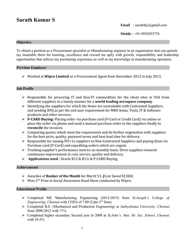 Sarath Kumar Manufacturing Engineer | PDF