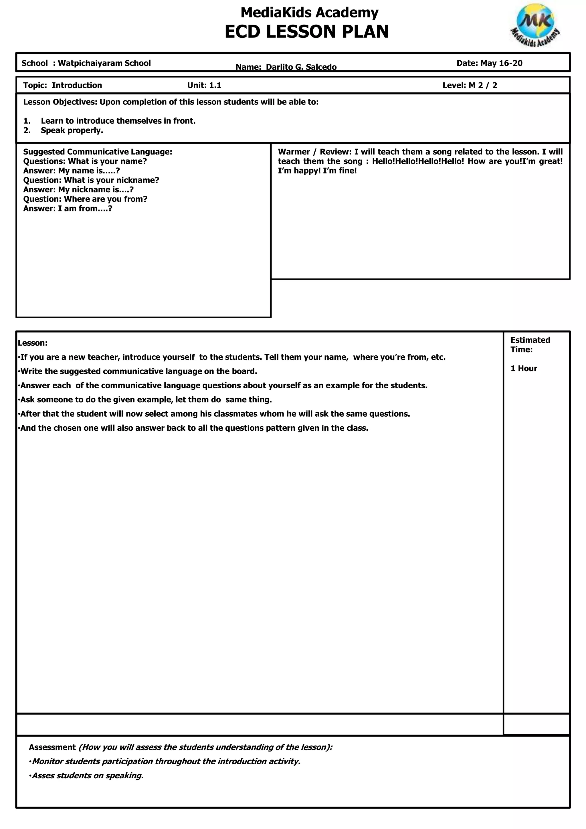 ECD LessonPlan M2.2 | PDF