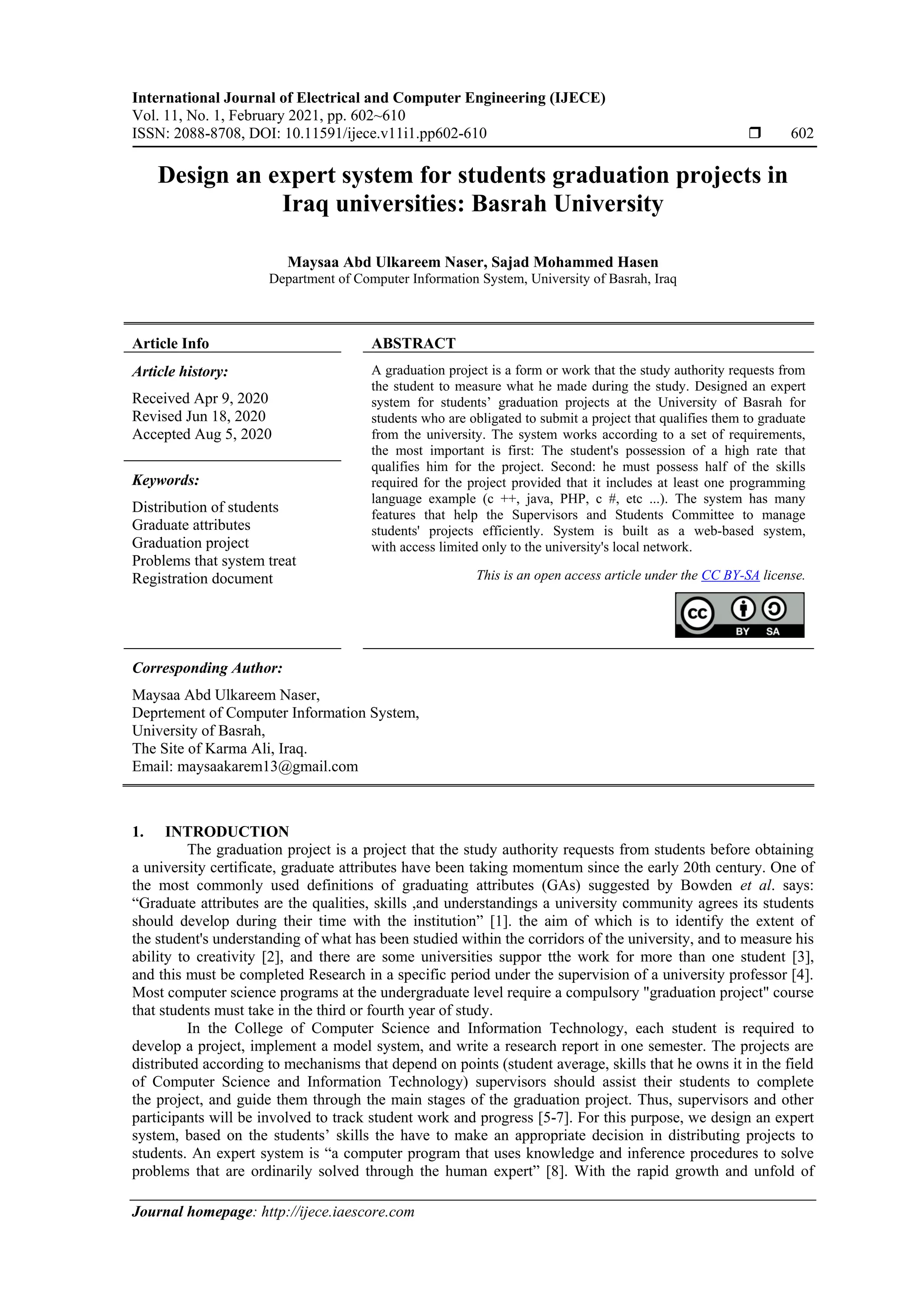 Design an expert system for students graduation projects in Iraq ...