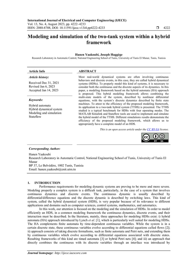 Modeling and simulation of the two-tank system within a hybrid framework | PDF